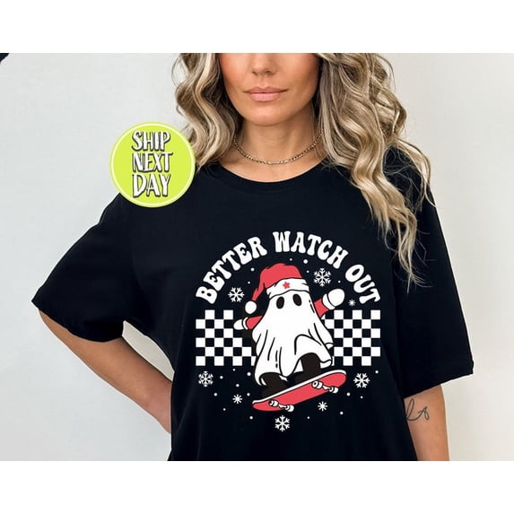 Better Watch Out Ghost T-Shirt: Retro Santa Shirt, Spooky Season Tee ...