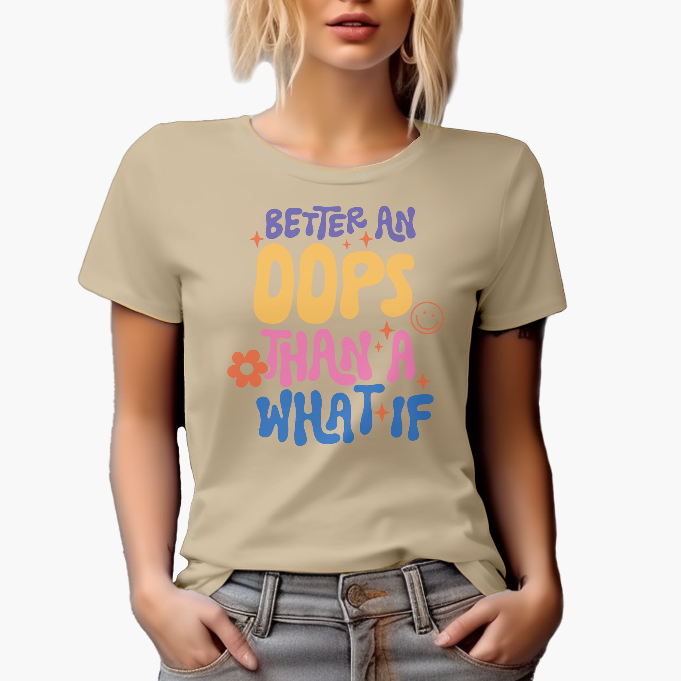 Better an Oops Than a What If Quote, Retro Groovy Text Art Merch Gift, Tan T-Shirt, 3XL ...