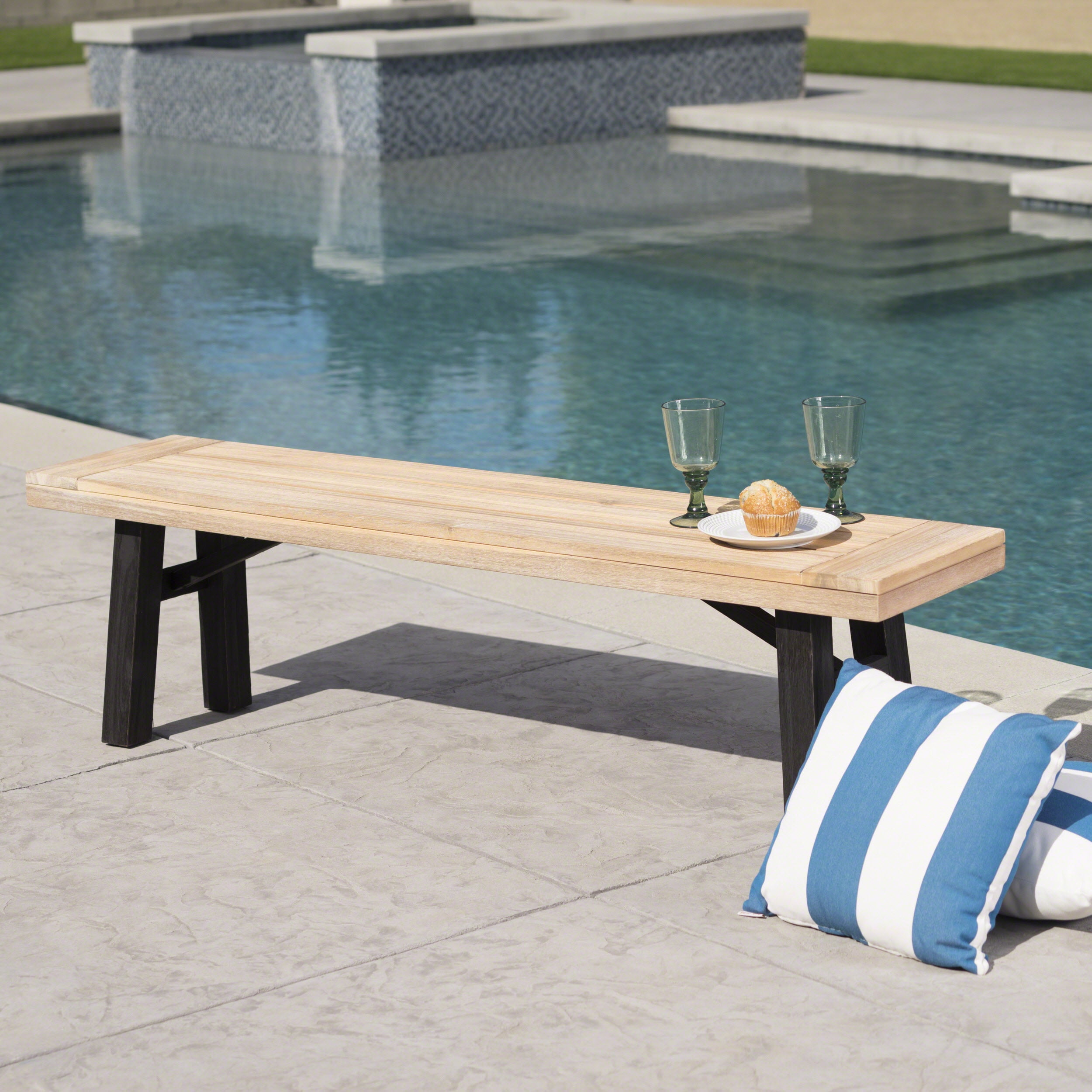 Bettinger Outdoor Acacia Wood Dining Bench with Brushed Mahogany Legs ...