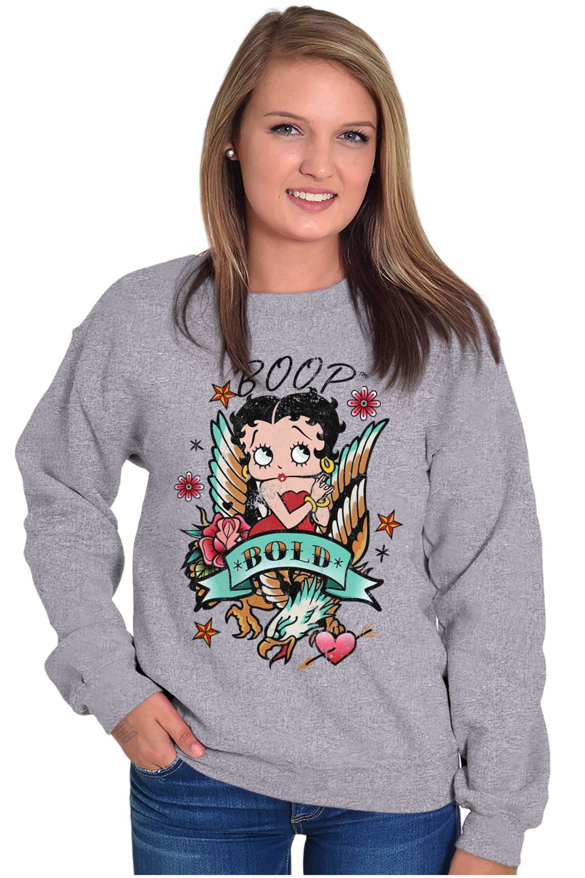 Betty Boop Bold Eagle Rose Tattoo Women Crewneck Sweatshirt Brisco ...