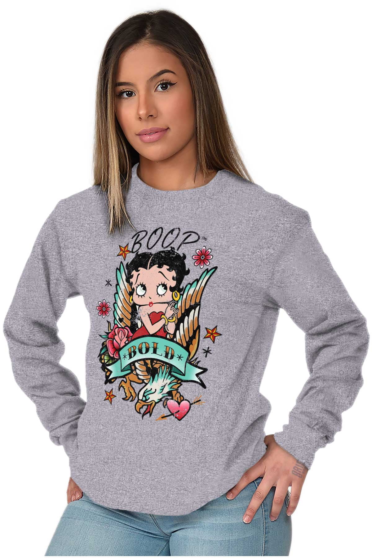 Betty Boop Bold Eagle Rose Tattoo Women's Long Sleeve T Shirt Brisco ...