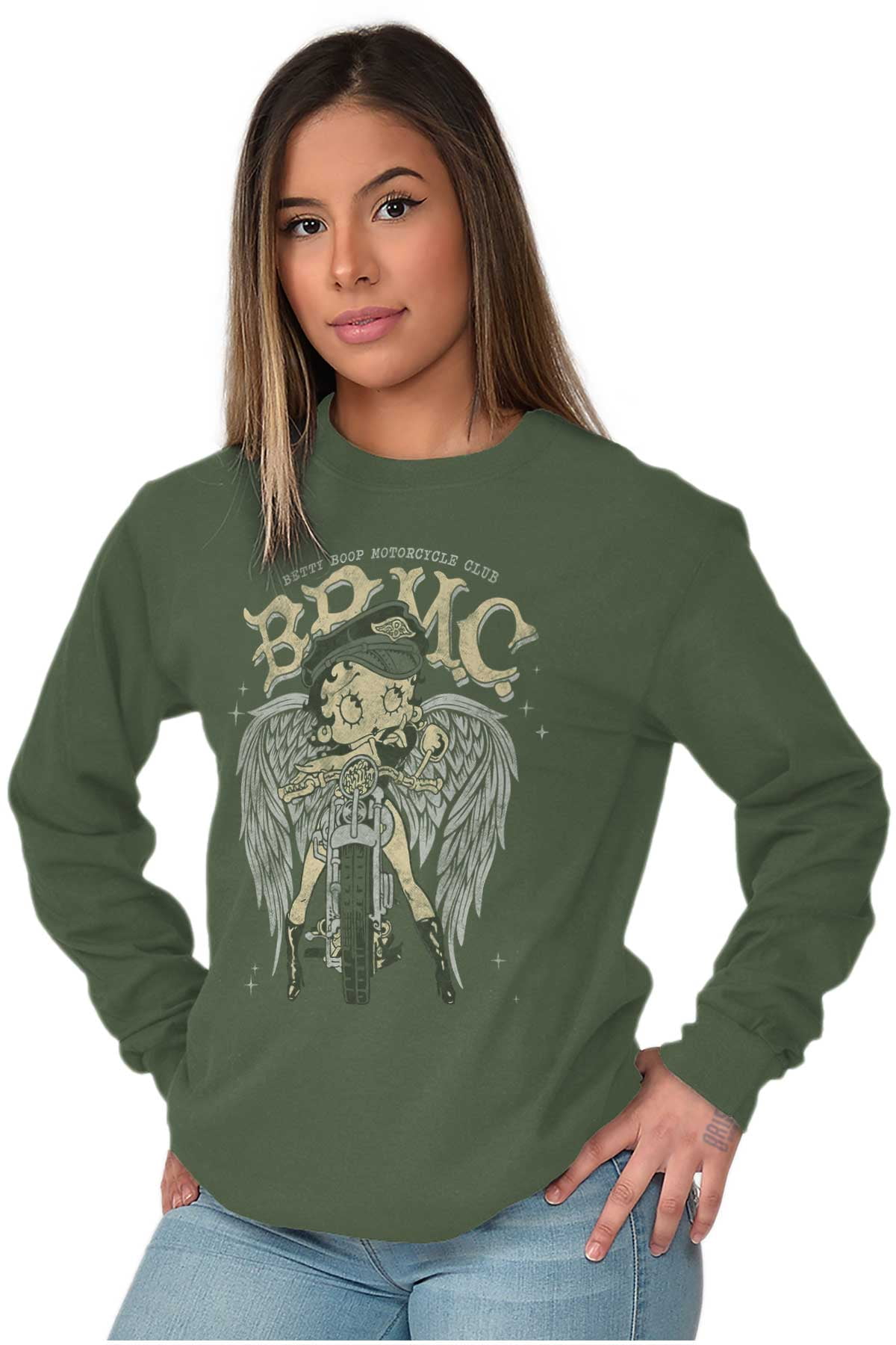 Betty Boop Cartoon Biker Angel Wings Women Plus Size Long Sleeve Tee ...