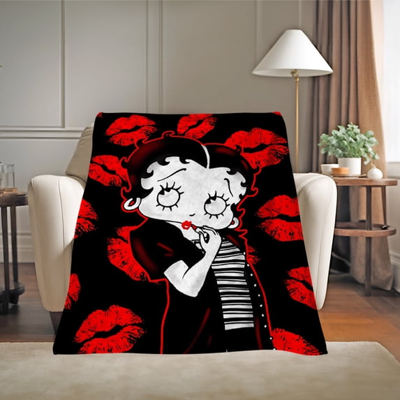 Betty Boop Cartoon Flannel Blanket - Red Lips & Bold Pattern, Ultra Soft 280GSM, Warm Cozy Throw ...