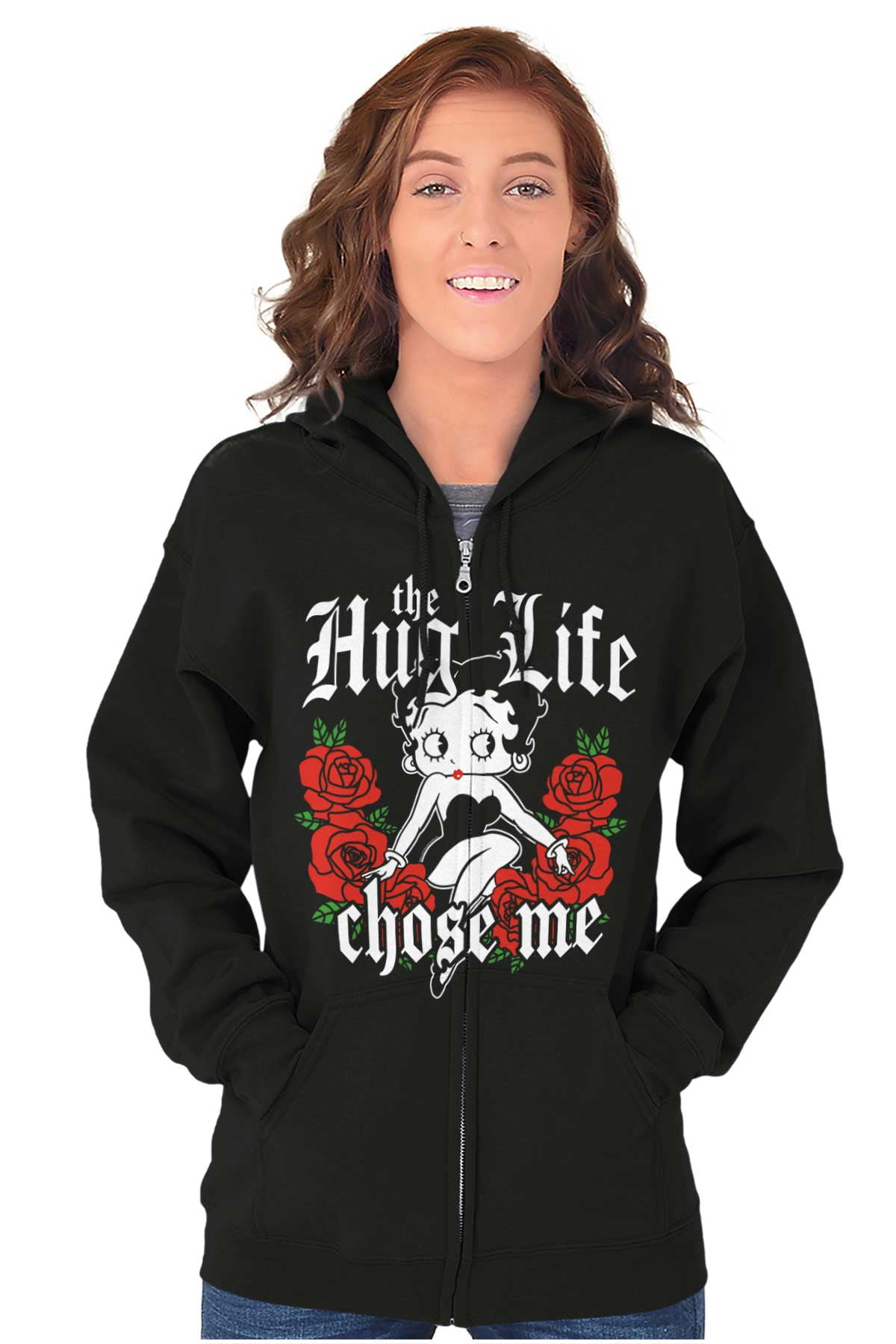 Betty Boop Hug Life Chose Me Roses Zip Hoodie Sweatshirt Women Brisco ...