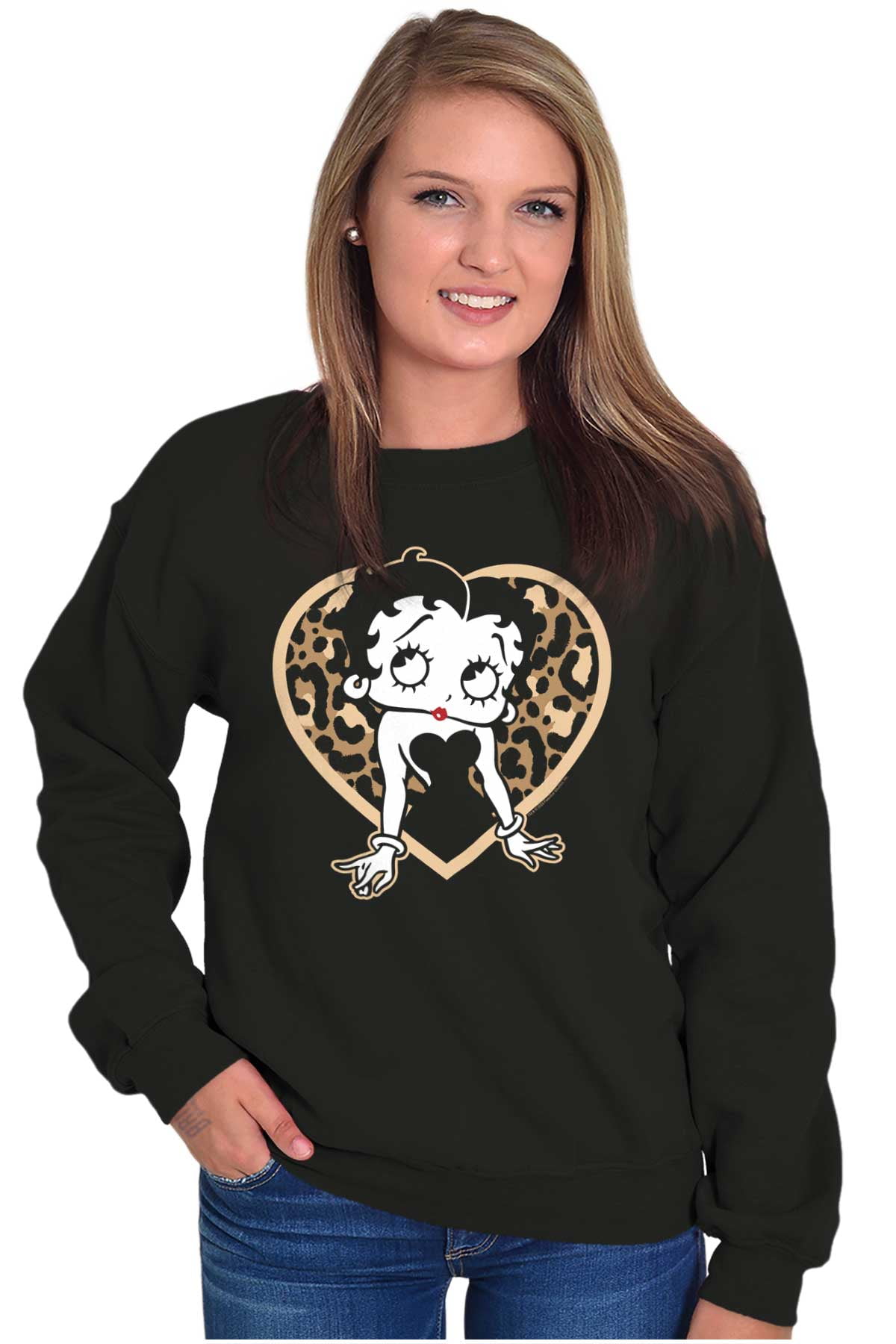 Betty Boop Leopard Print Heart Women Crewneck Sweatshirt Brisco Brands ...