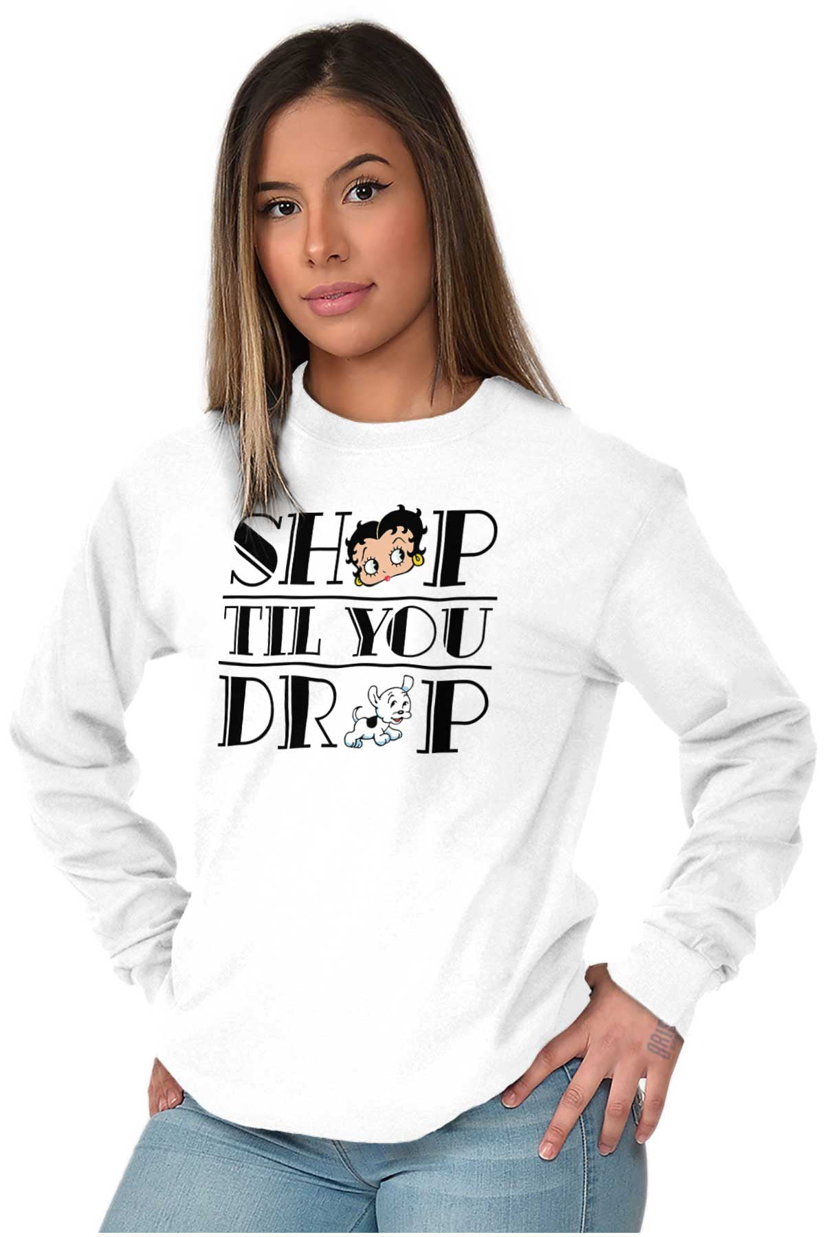 Betty Boop Shop till You Drop Funny Women Plus Size Long Sleeve Tee ...