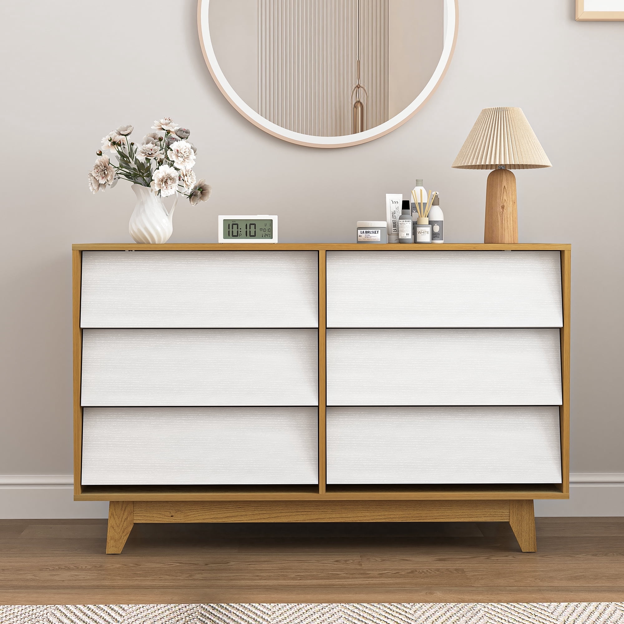 Bevel Design 6 Drawer Double Dresser for Bedroom, Vintage Chest Beside ...