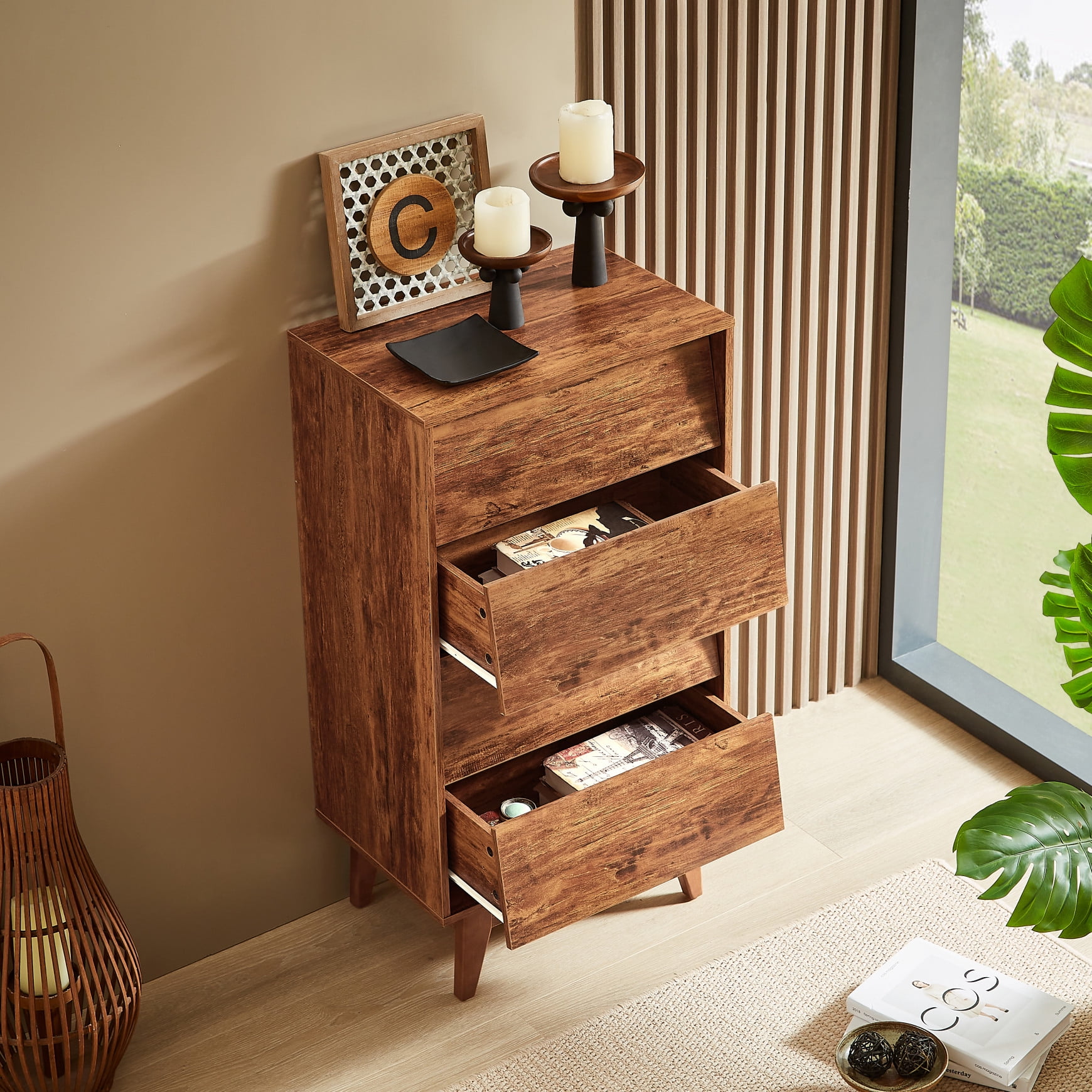 Bevel Design Dresser with 4 Drawer Double, Vintage-style Chest of ...