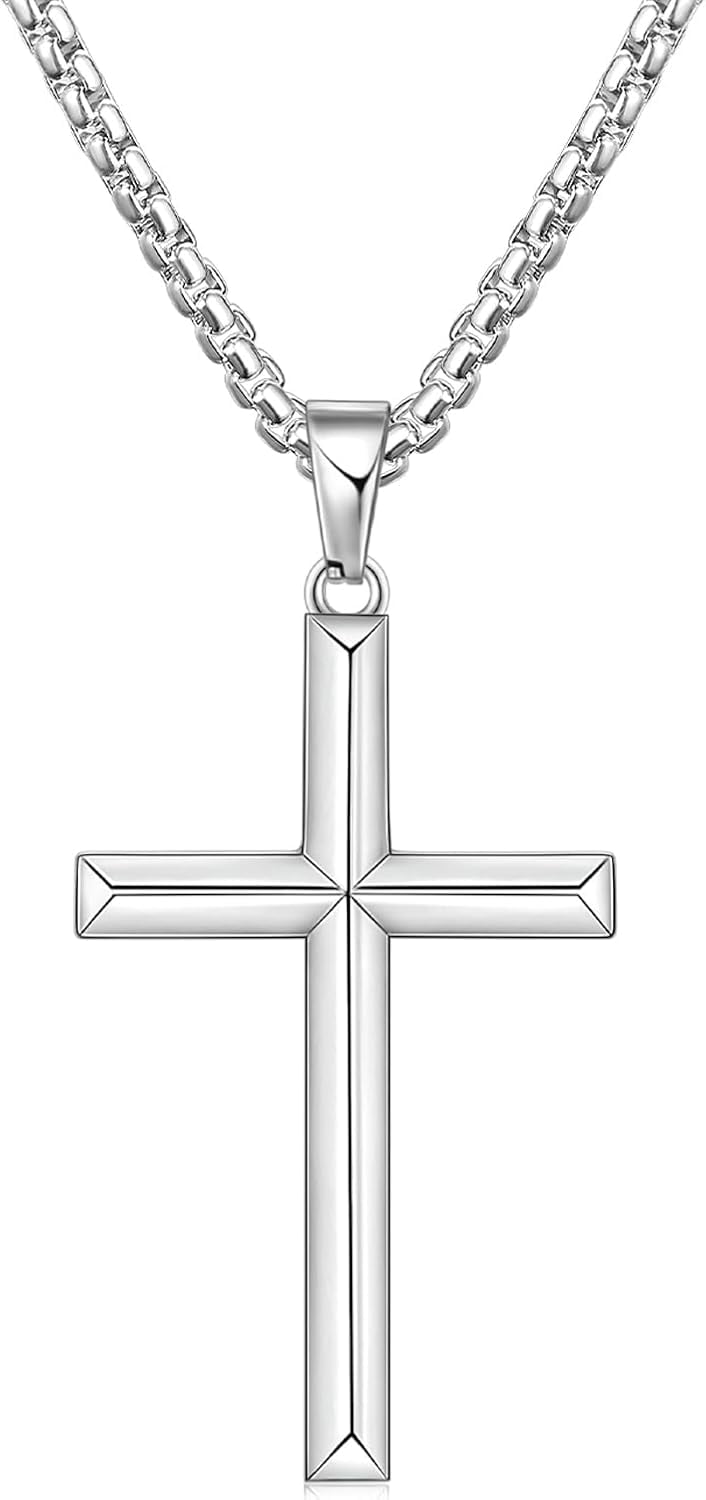 Beveled Edge Cross Necklace for Men, Silver Tone/Black/14K Gold Plated ...
