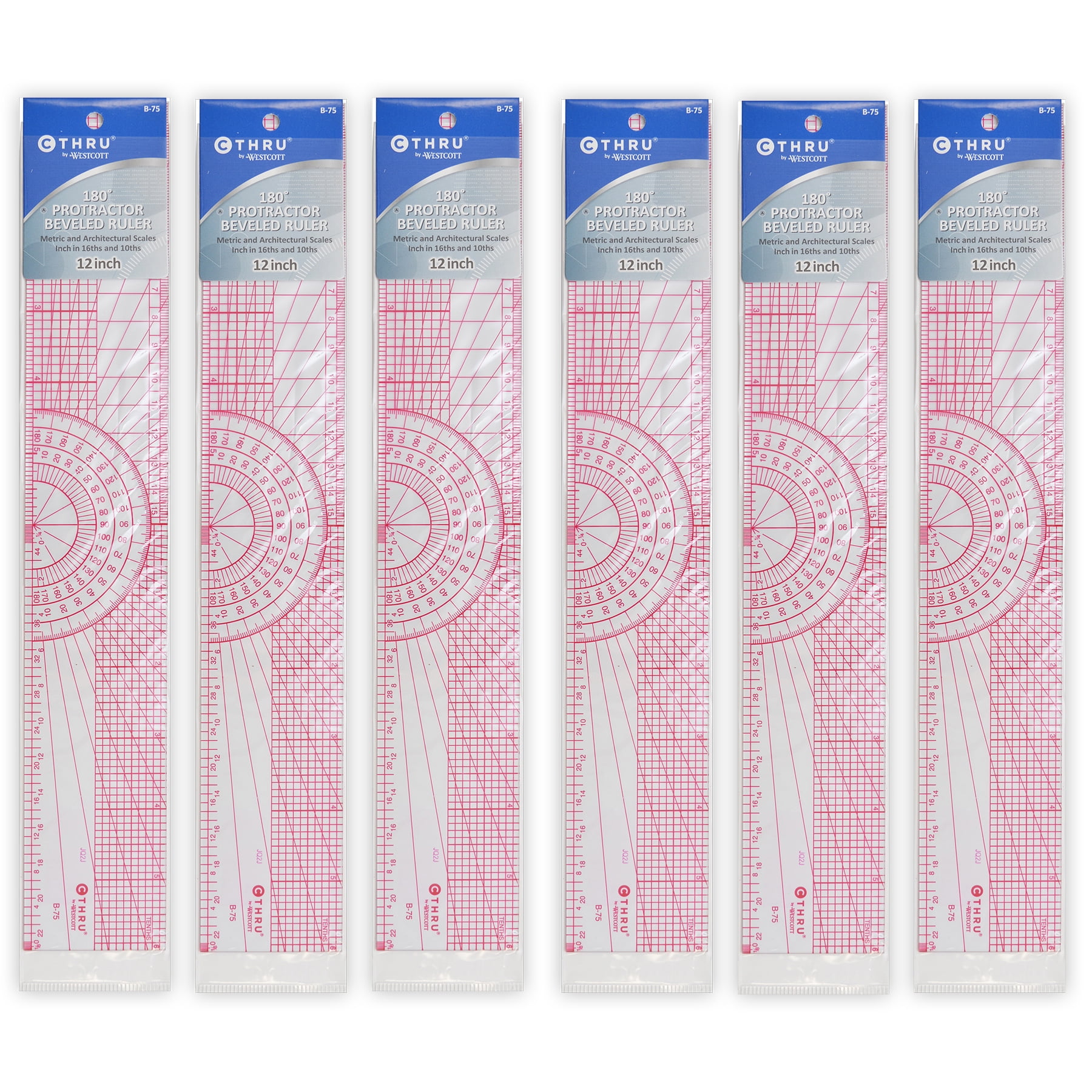 Westcott Beveled Protractor Ruler, 12", Transparent, Pack of 6 ...
