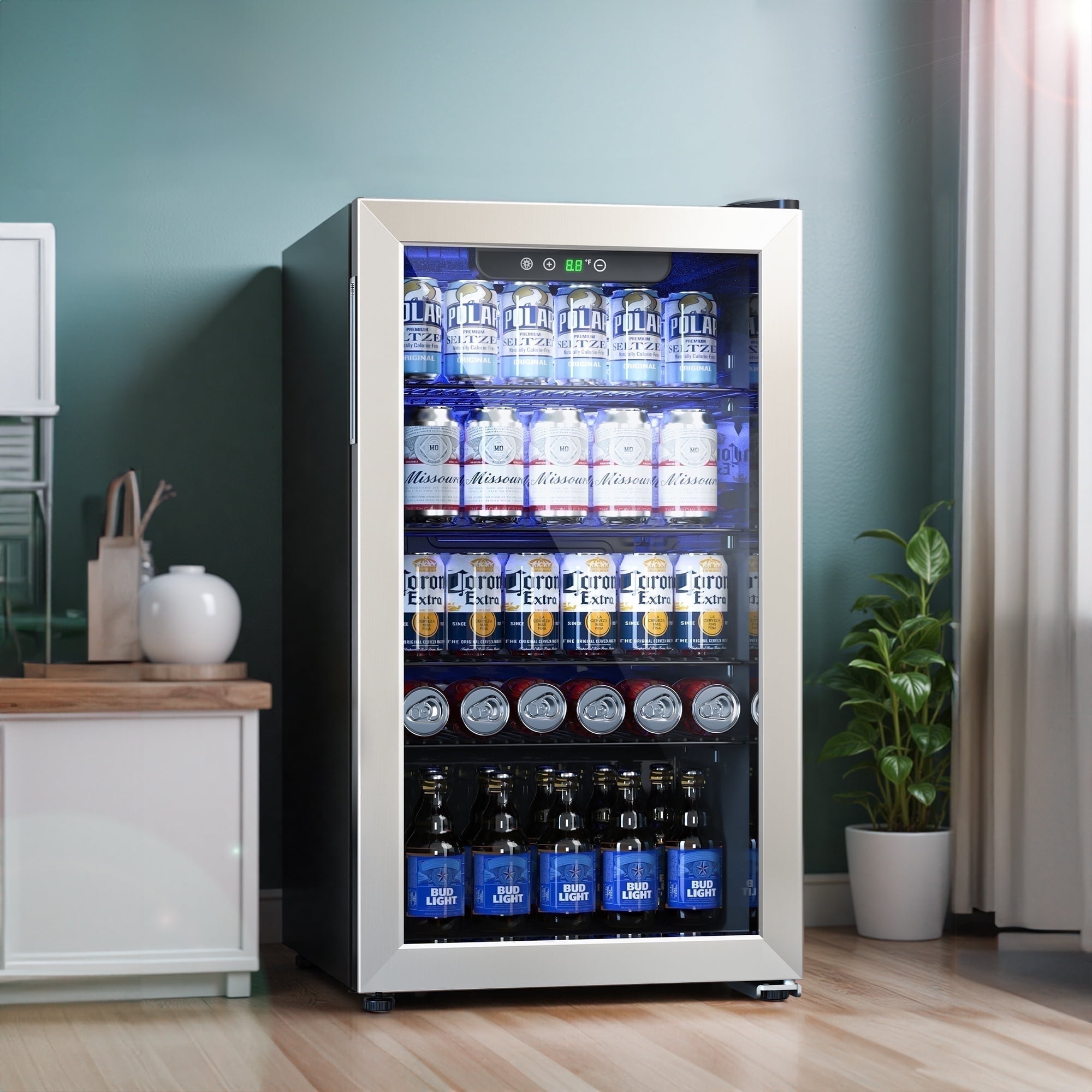 Qunler 130 Can Beverage Cooler Refrigerator, Glass Door, Compact Energy ...