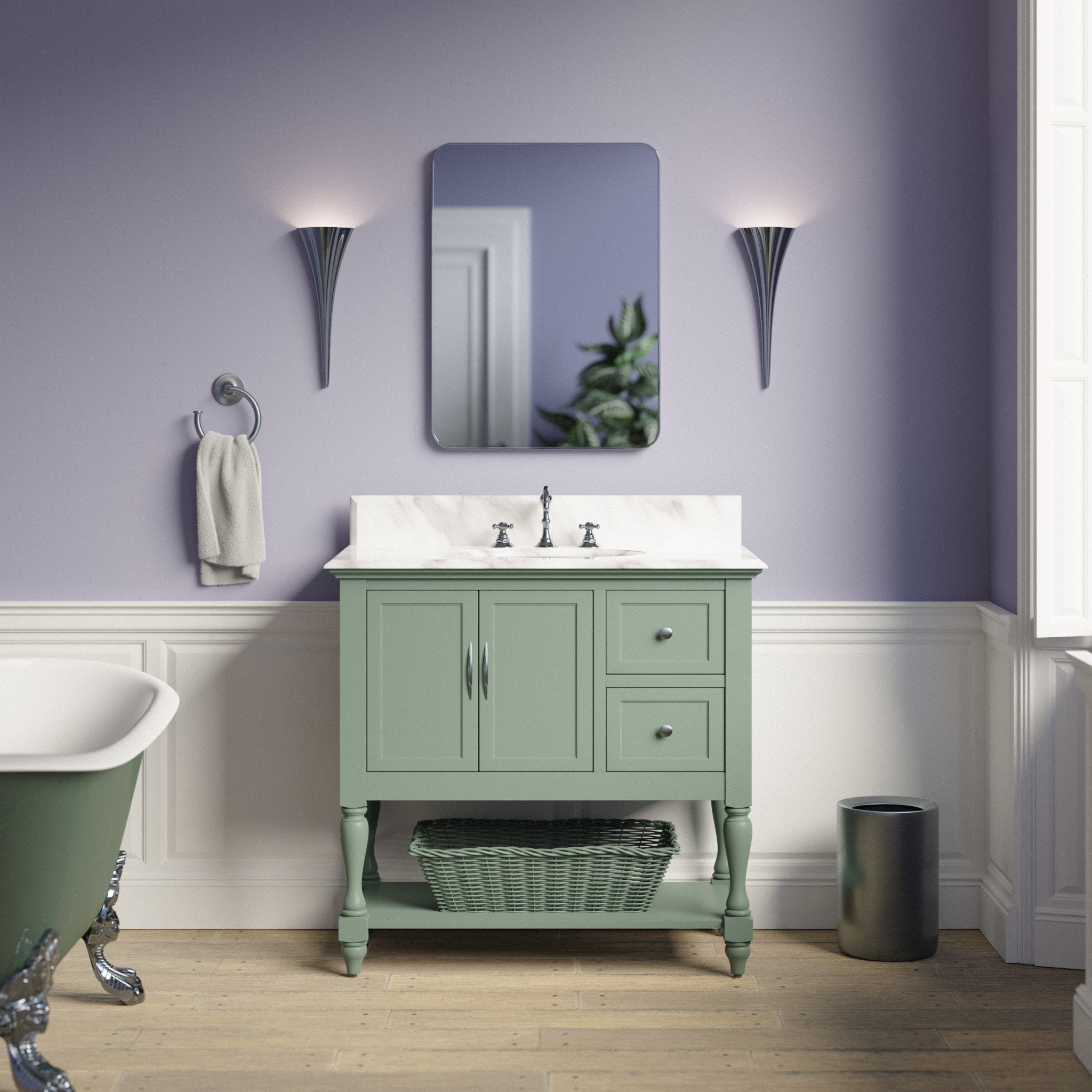 Beverly 36" Bathroom Vanity with Sage Green Cabinet and Carrara Marble ...