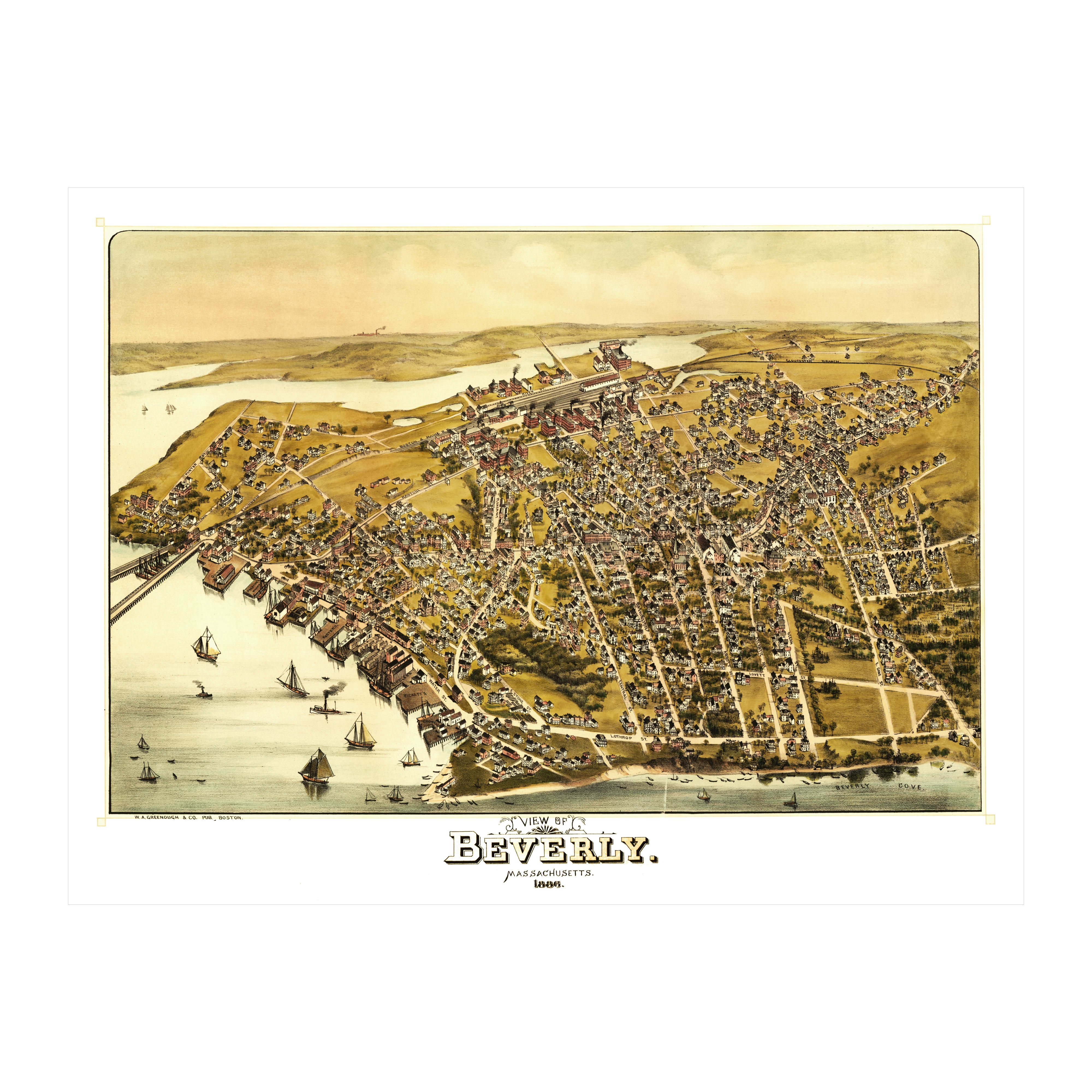 Beverly Art, 1886 Vintage Map of Beverly Massachusetts, MA History Wall ...
