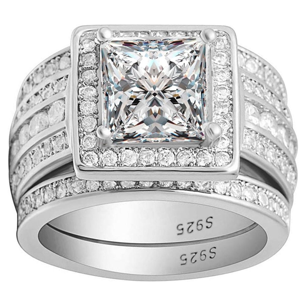 Beverly Wedding Ring Set Halo Sterling Silver Engagement Ring Black ...