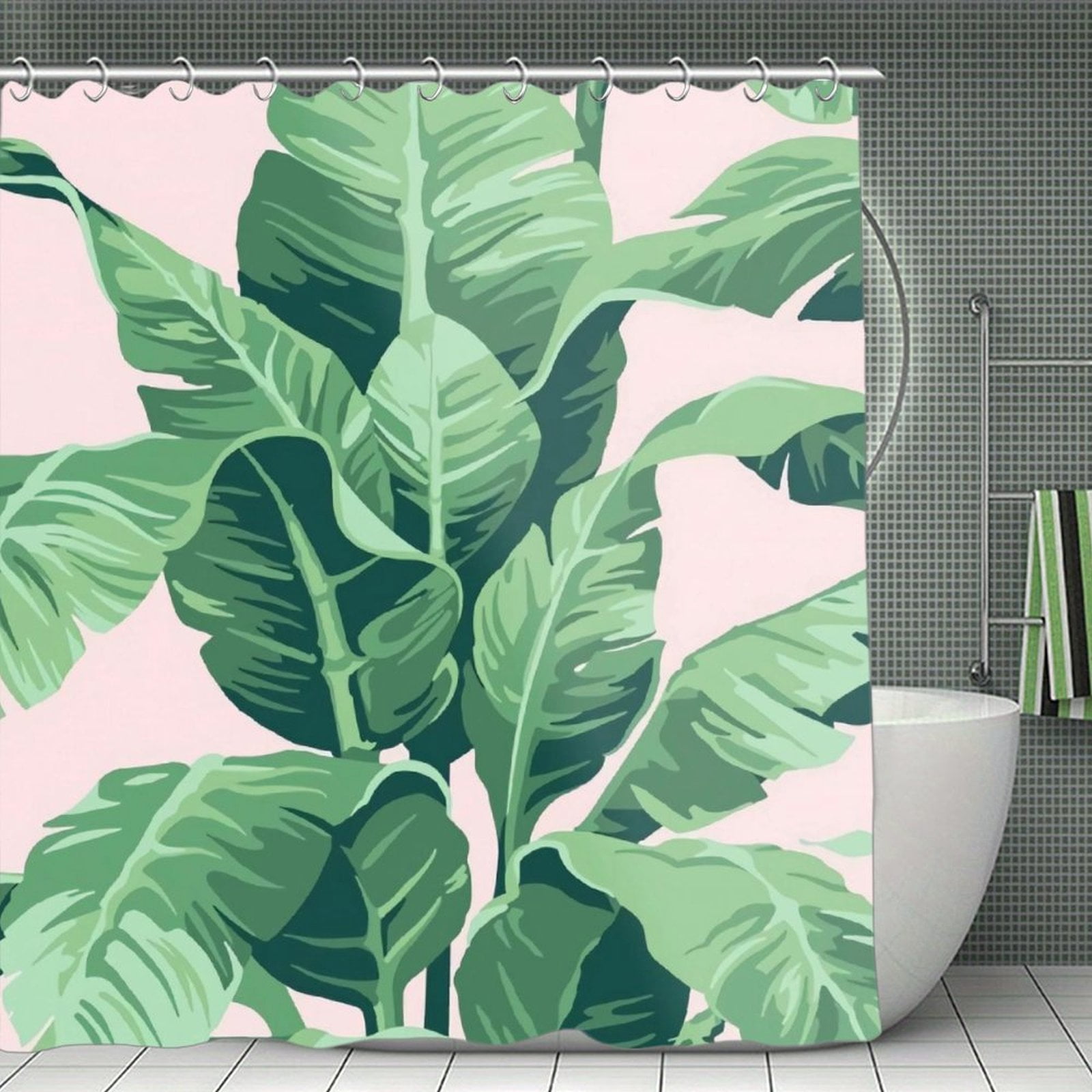 Beverly Hills Palm Leaf Banana Print Pink Shower Curtain，Washable ...