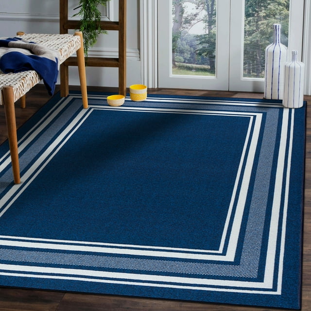 Beverly Rug Modern Bordered Area Rugs, Non Slip Rubber Backing, Navy ...