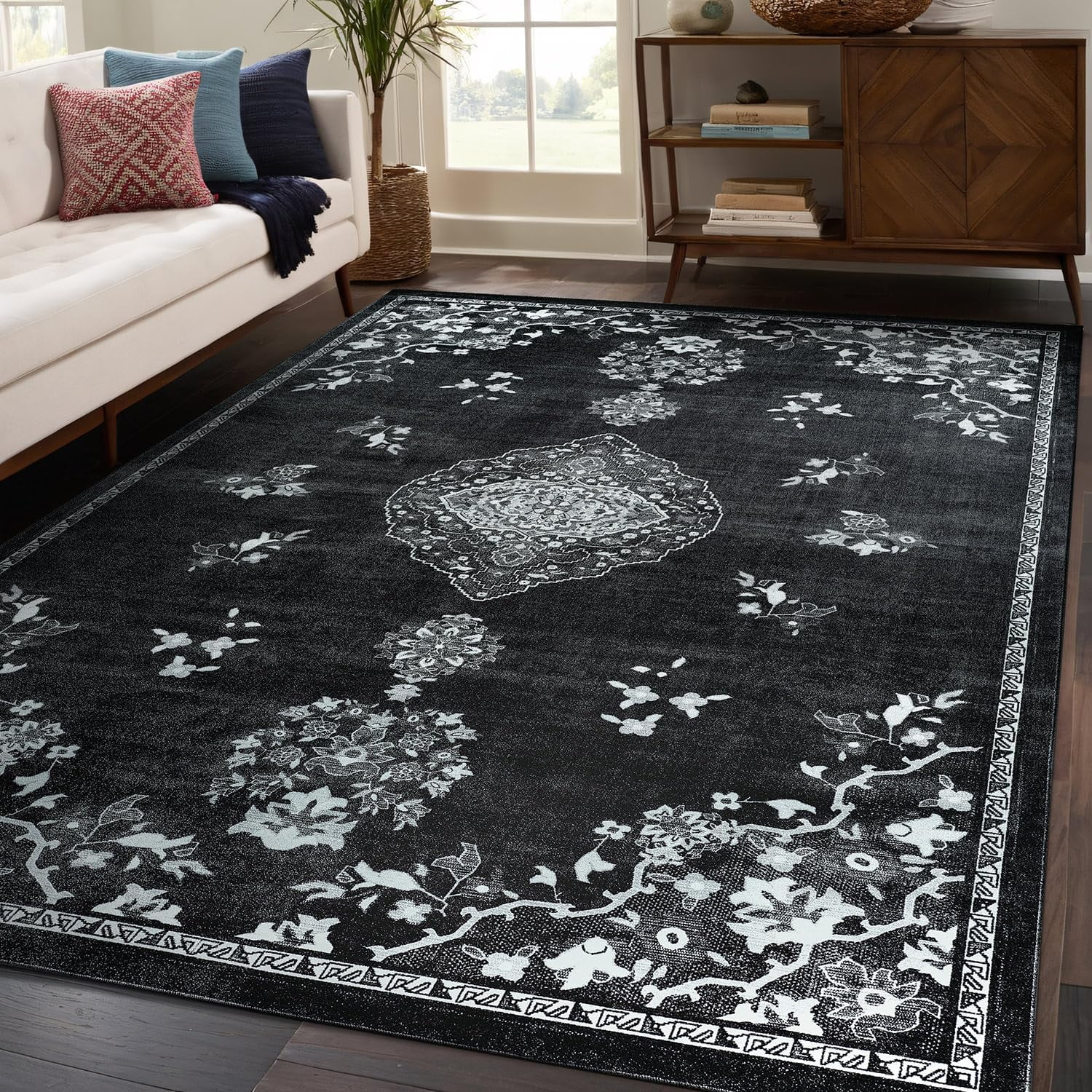 Beverly Rug Machine Washable Easy Cleaning Indoor Non-Slip Rugs Black ...