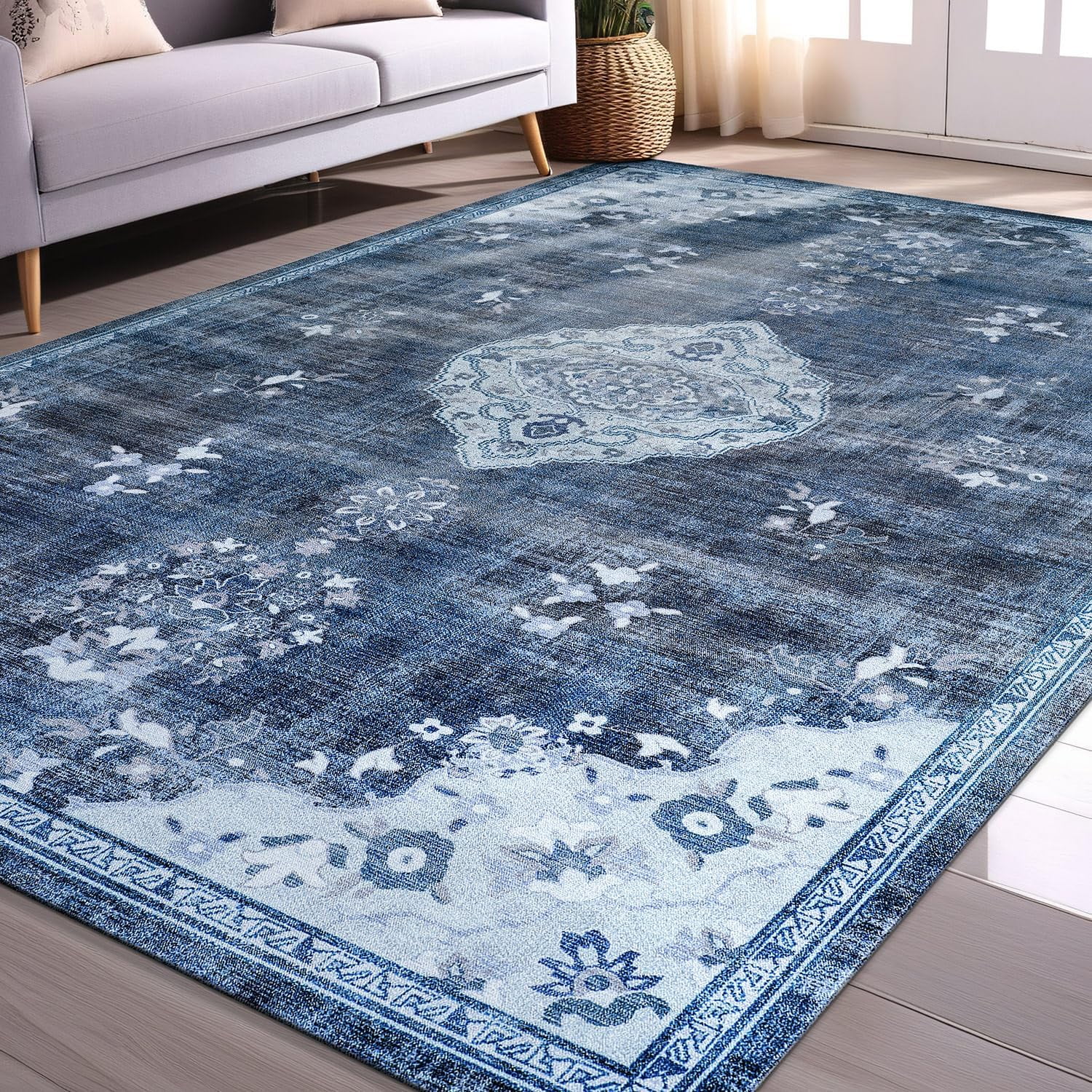 Beverly Rug Machine Washable Easy Cleaning Indoor Non-Slip Rugs Blue ...