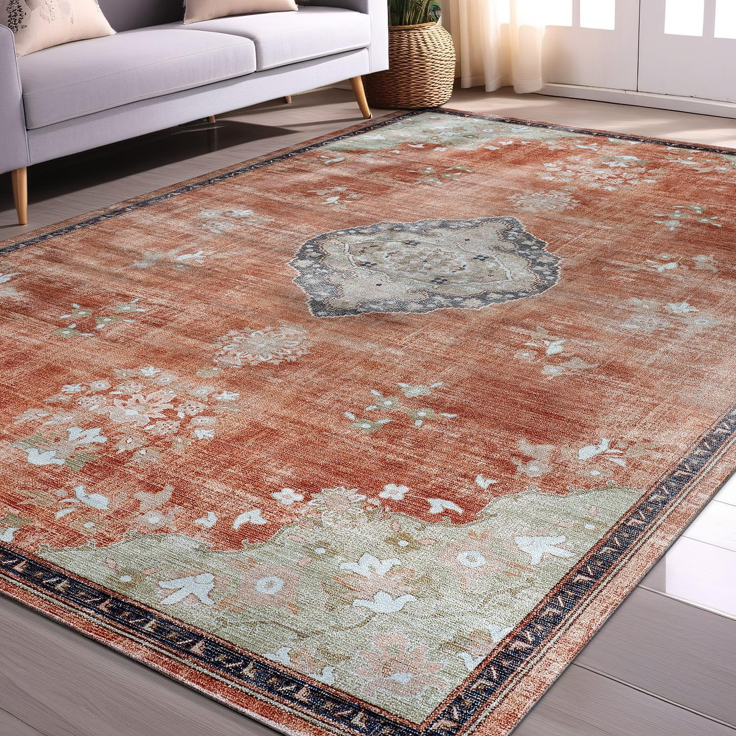 Beverly Rug Machine Washable Easy Cleaning Indoor Non-Slip Rugs Orange ...