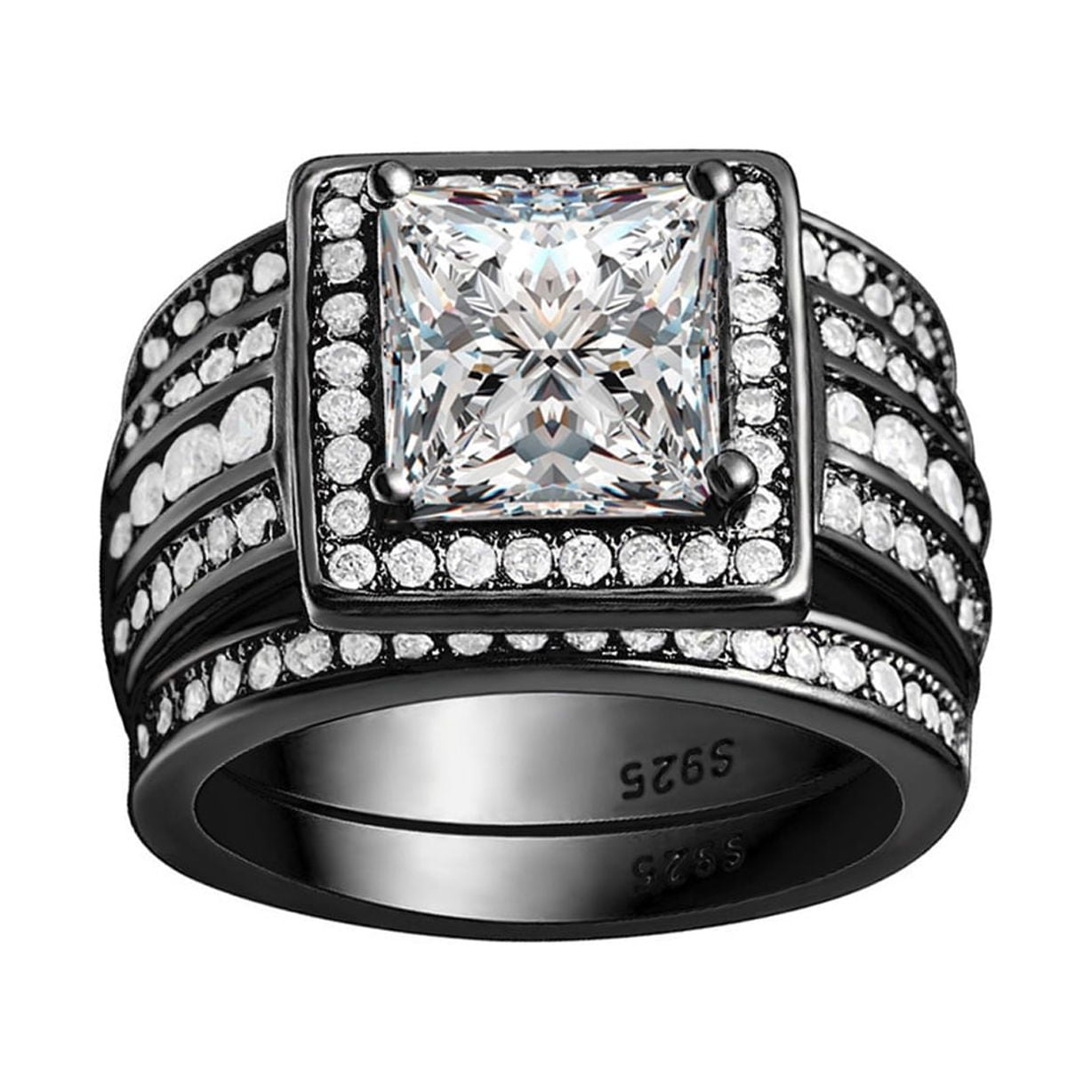 Beverly Wedding Ring Set Halo Sterling Silver Engagement Ring Black ...