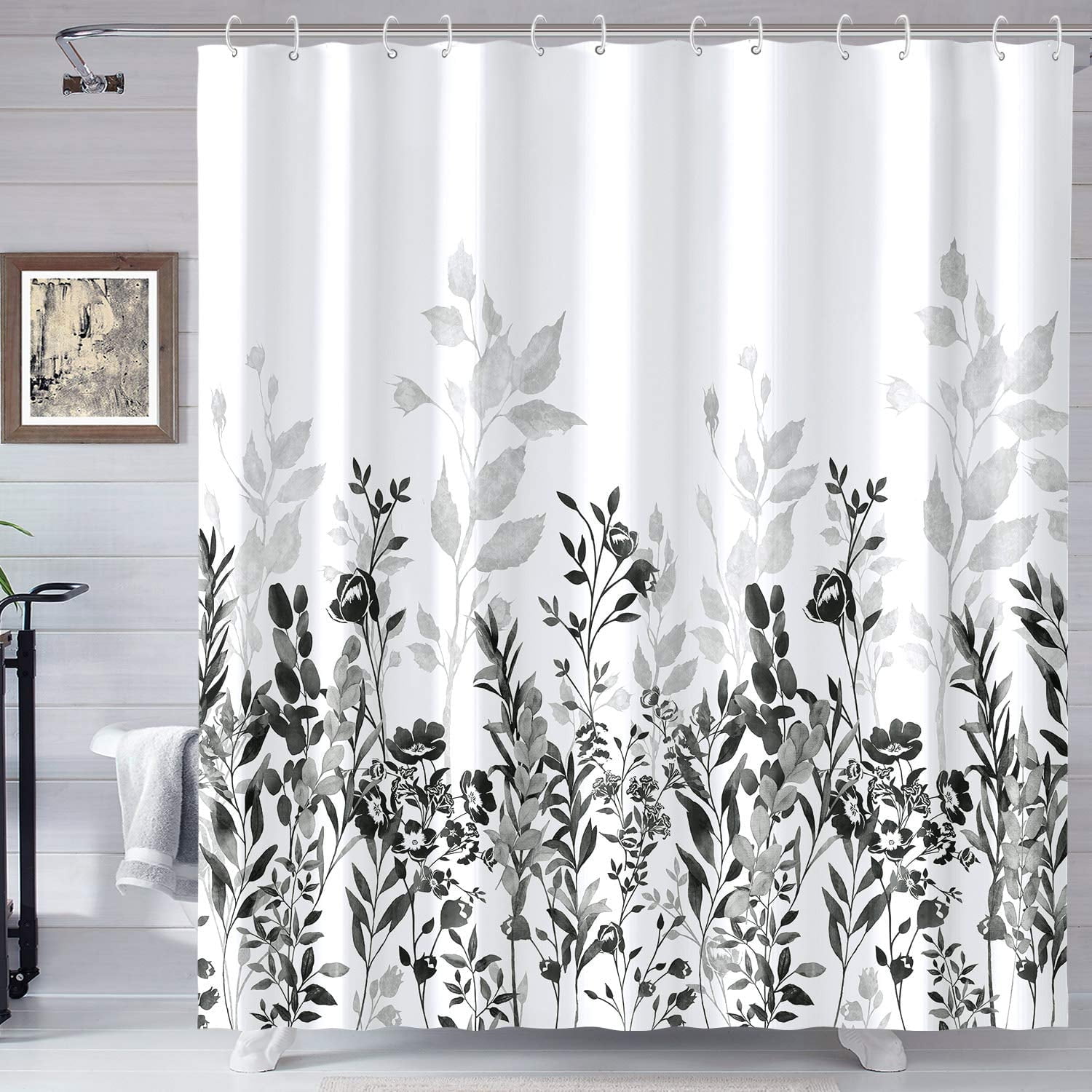 Bevtee Fabric Shower Curtain, Black and Grey Floral Bathroom Shower Curtains with Hooks, 72" W x ...