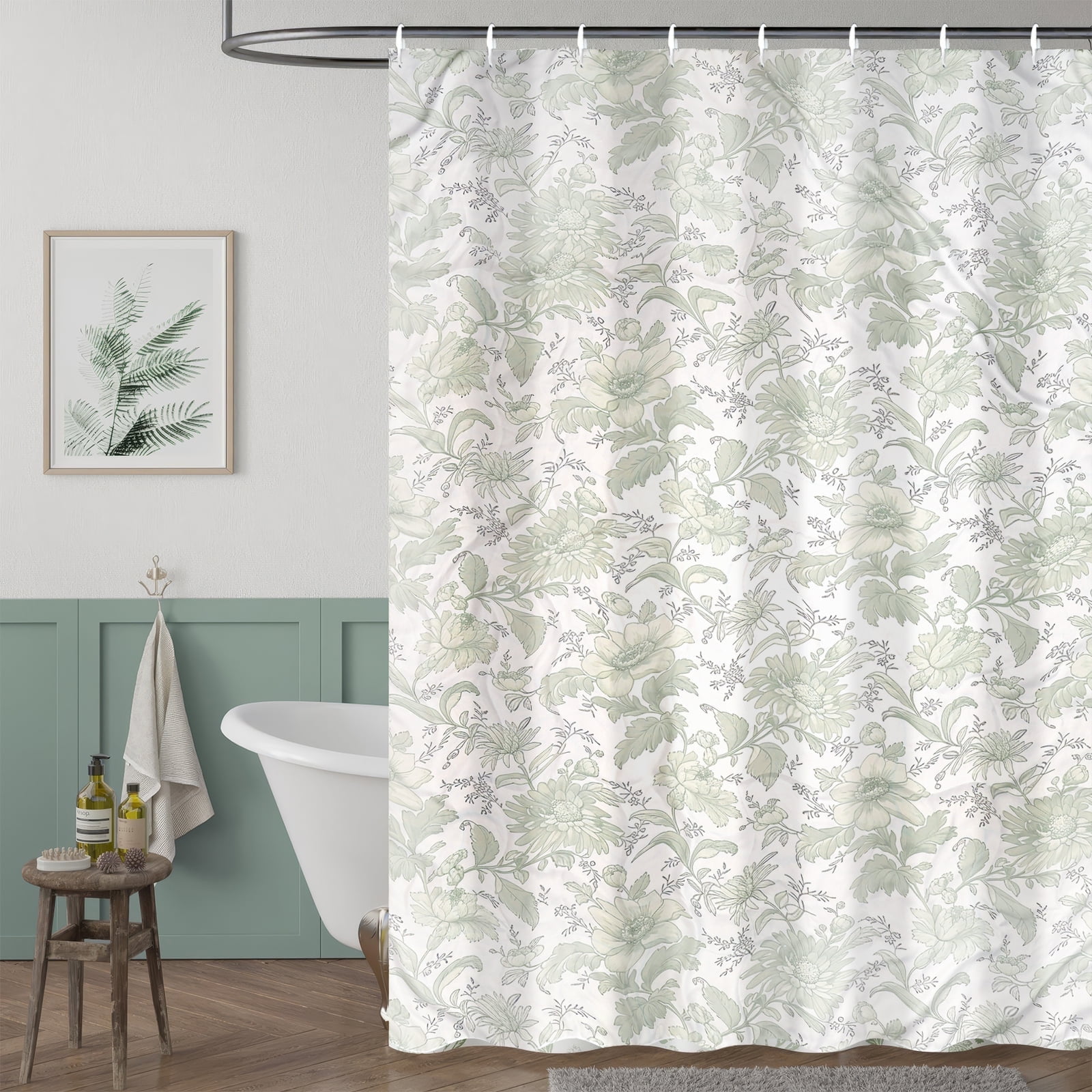 Bevtee Fabric Shower Curtain, Green Floral Bathroom Shower Curtains with Hooks, Machine Washable ...