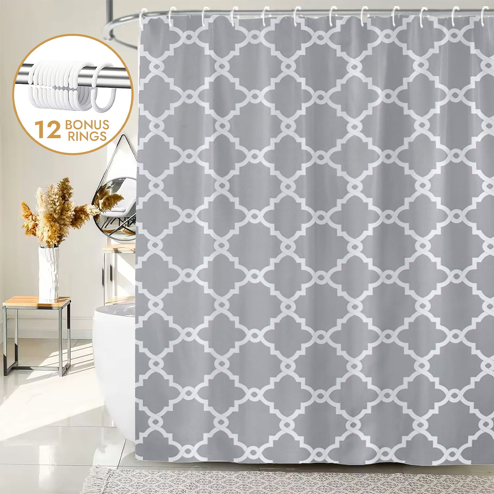 Bevtee Geometric Print Shower Curtain with Hooks, Gray Fabric Bathroom Curtain, Weighted Hem ...