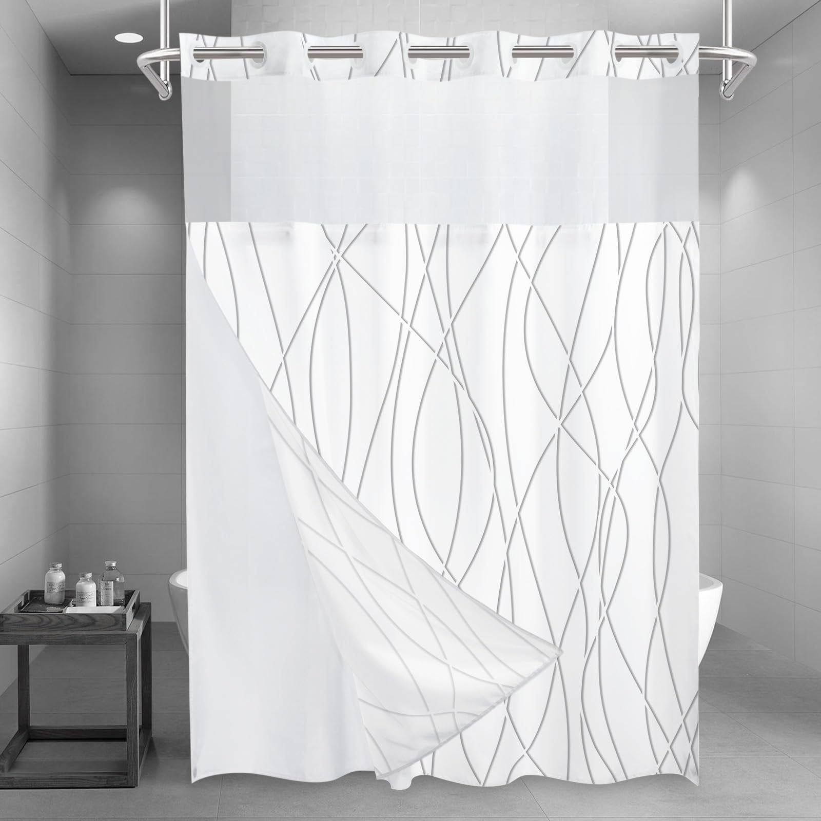 Bevtee No Hook Fabric Shower Curtain with Snap in Liner, Waterproof Grey White Striped Bathroom ...