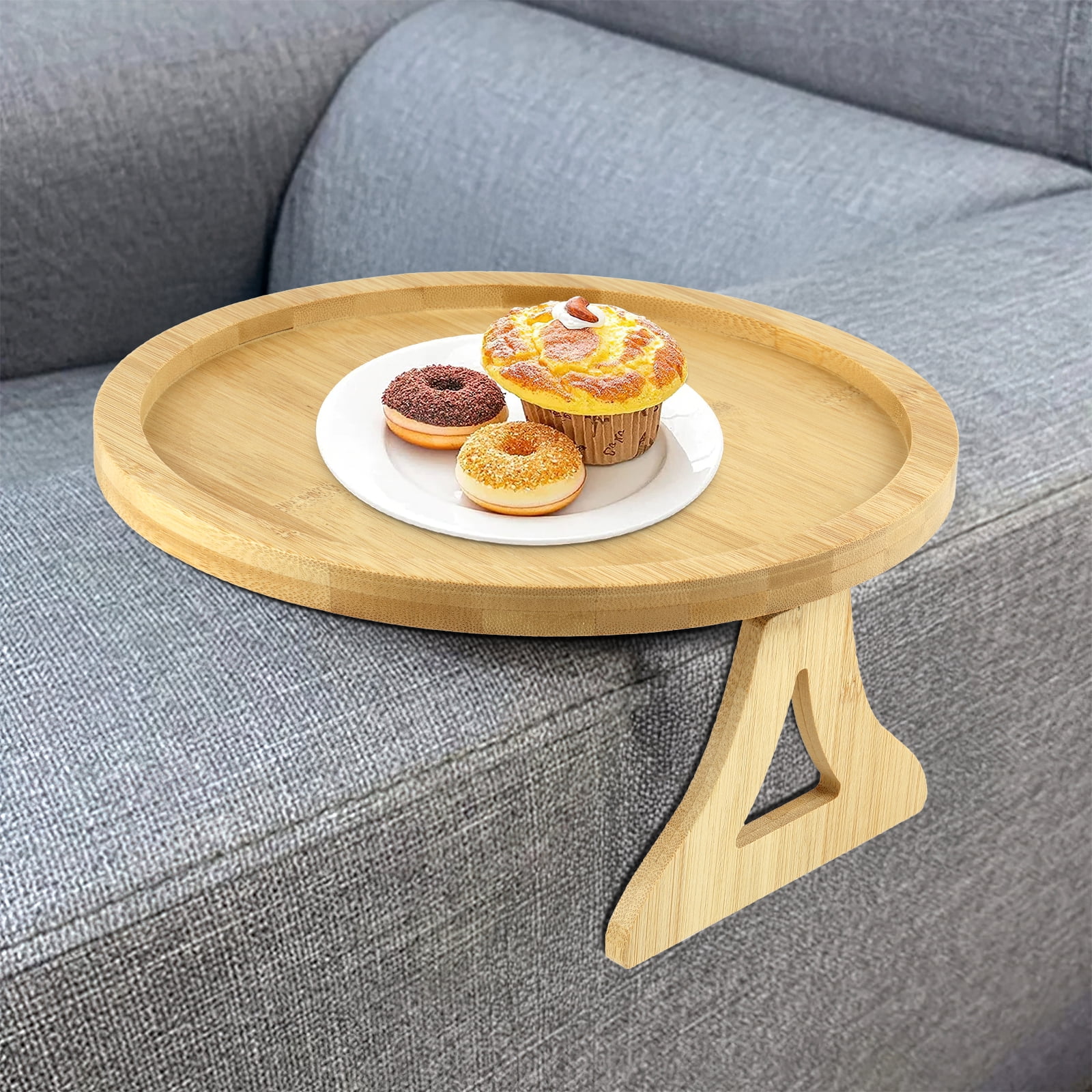Bevtee Sofa Arm Clip Tray, Round Couch Tray, Bamboo Side Table for ...