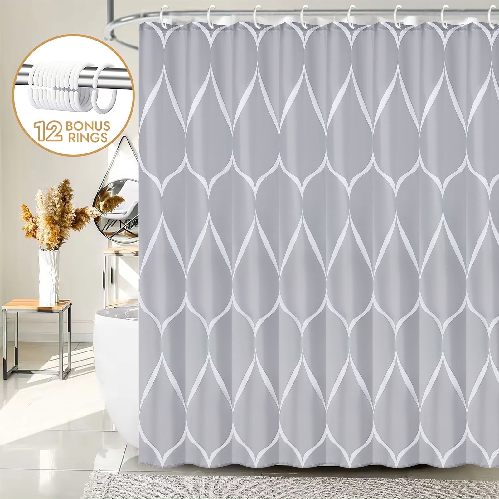 Bevtee Wavy Print Shower Curtain with 12 Hooks, Gray Fabric Bathroom Curtain Set, Weighted Hem ...