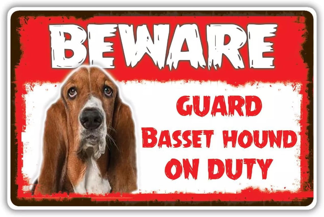 Beware Guard Dog Basset Hound on Duty Warning Novelty Metal Tin Sign ...
