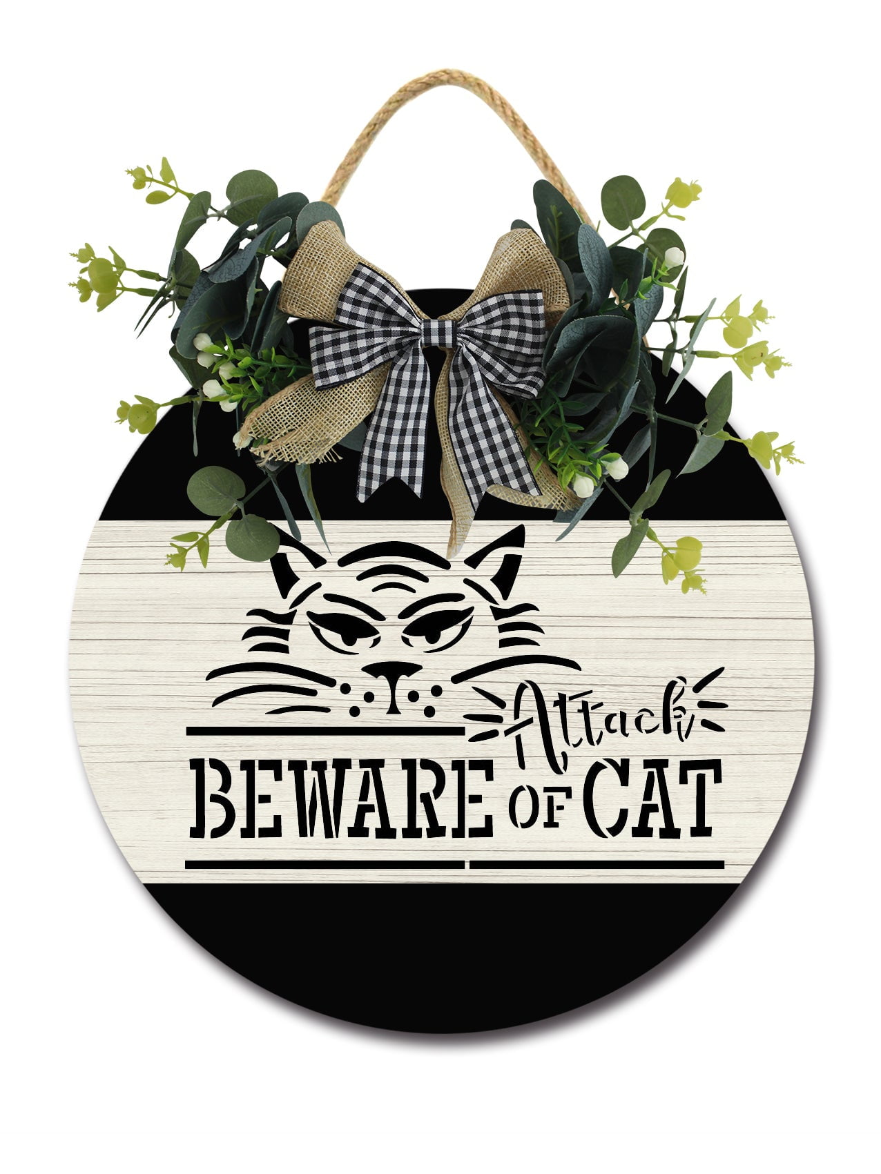 Beware Of Attack Cat Sign Front Door Porch Decorations, Round Rustic ...