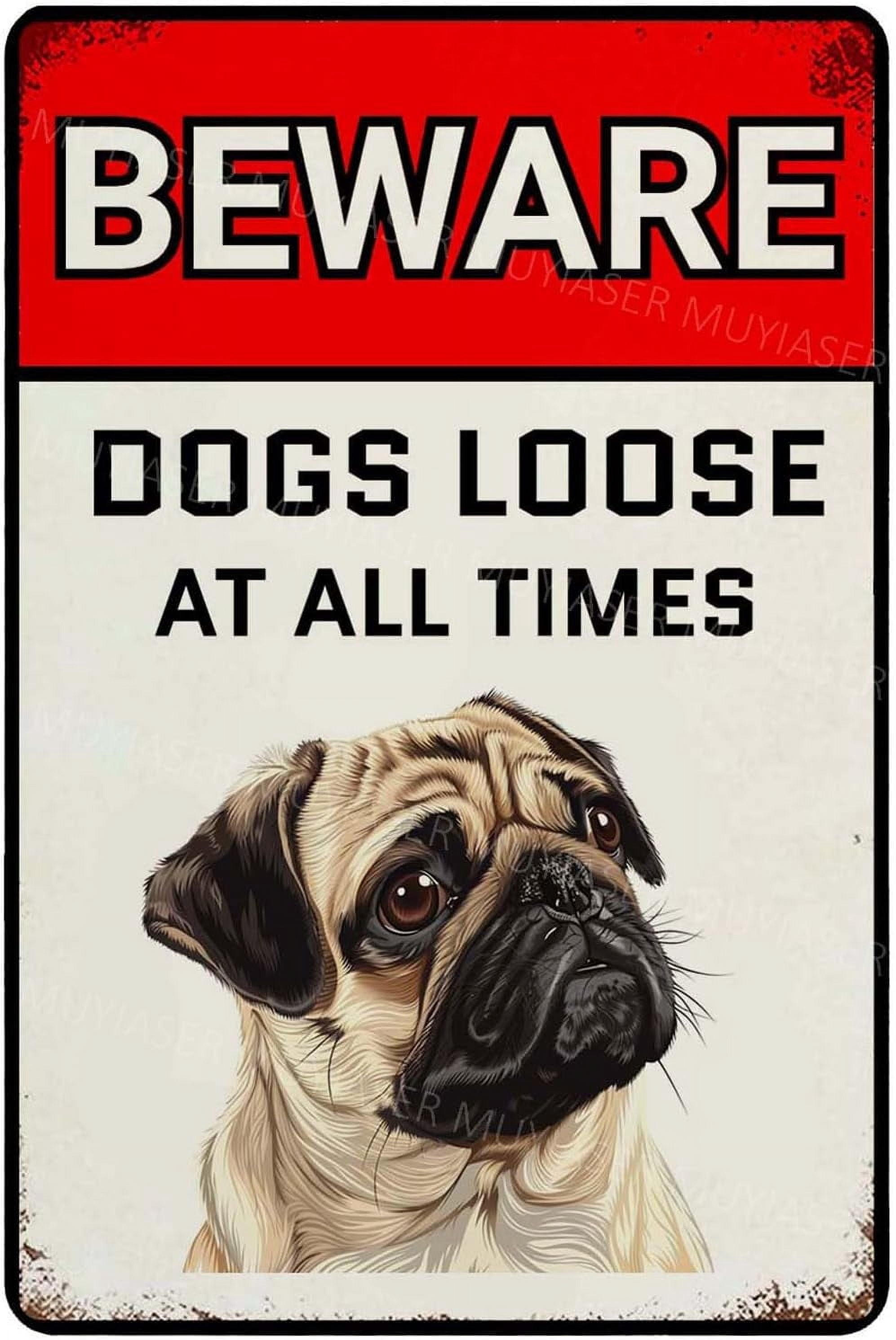Beware Of Dogs Loose At All Time Sign Pug Warning Sign Metal Tin Signs ...