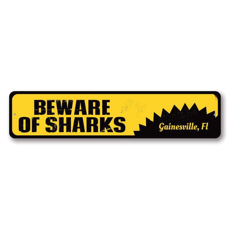Beware Of Sharks Sign Beach Location Metal Wall Decor Size: 4 x 16 Inch ...