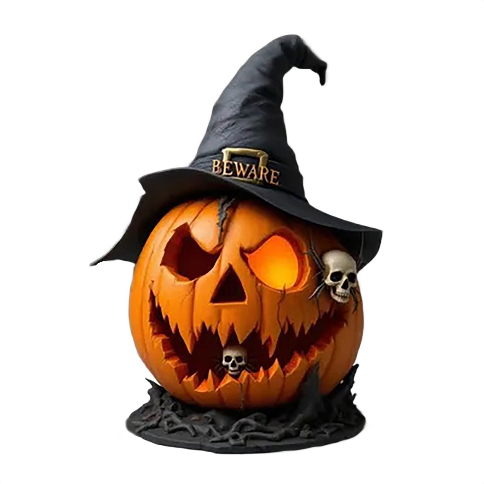 "Beware" Witch Hat Halloween Figurine: Pumpkin Head With Grinning Mouth ...