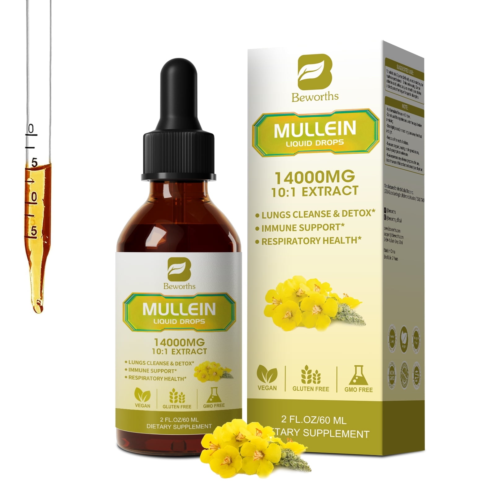 Beworths Mullein Liquid Drops, Mullein Drops for Lungs, 30 Servings, 2 ...