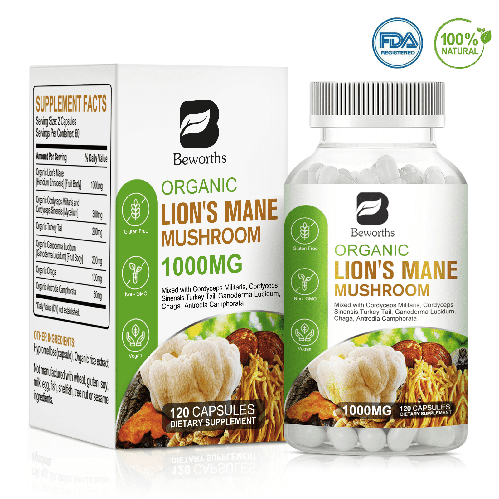 Beworths Organic Lion's Mane Mushroom Supplement - with Lion's Mane ...