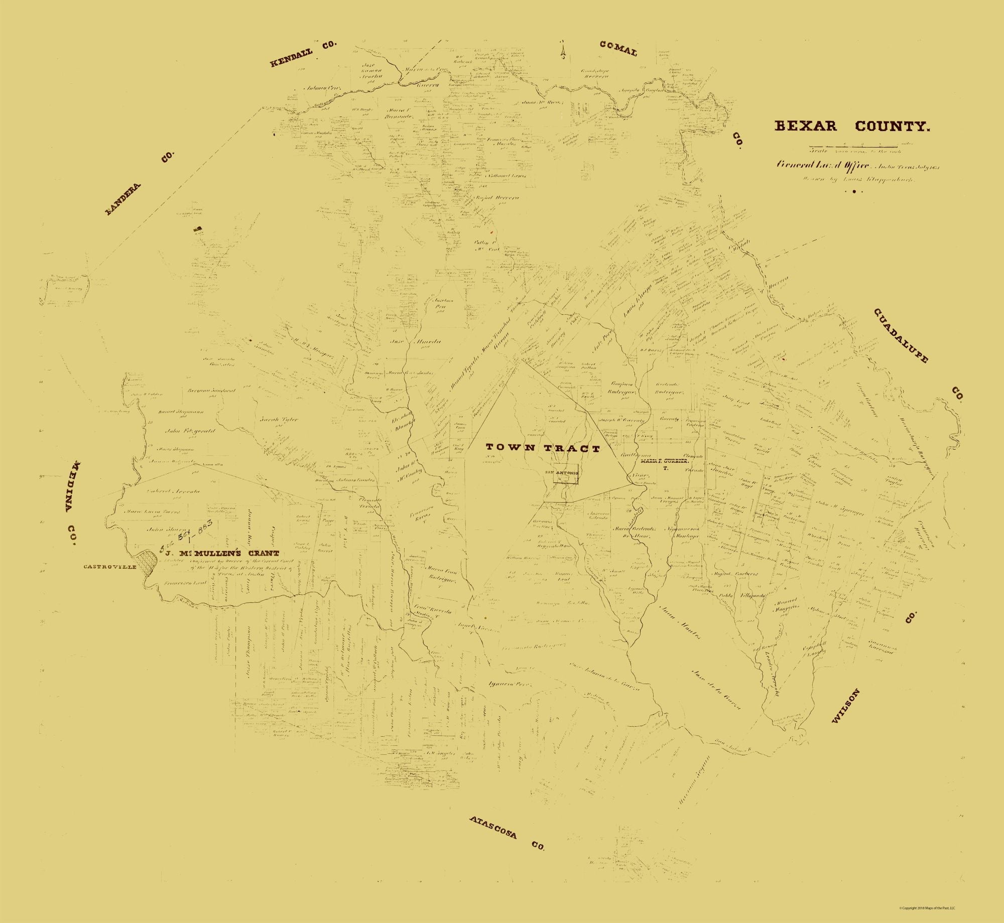 Historic County Map - Bexar County Texas - Klappenbach 1871 - 25.01 x ...