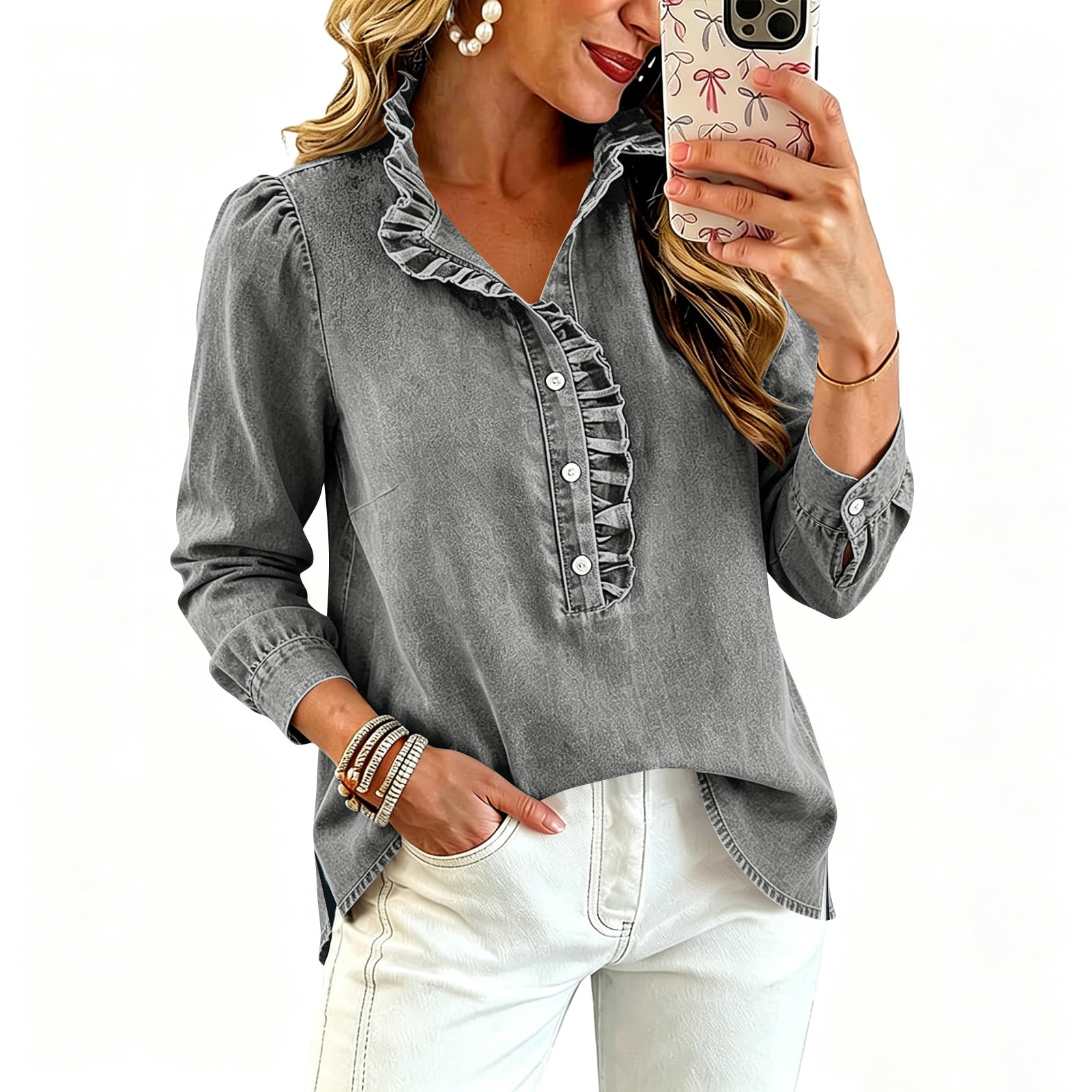 Bexdxz Denim Shirt Women Long Sleeve Button Down Ruffle Shirt Jean Top ...
