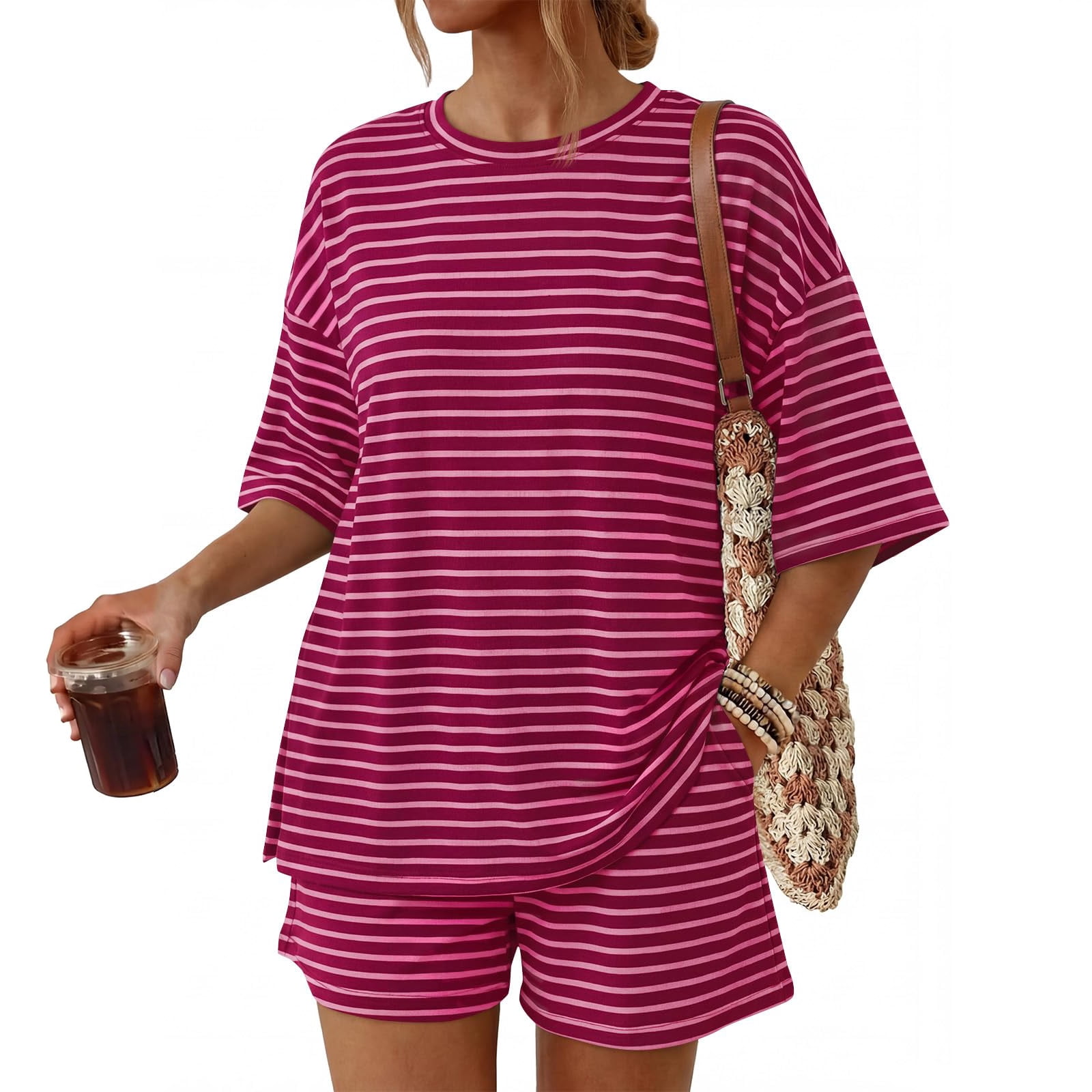 Bexdxz Women's Casual Striped Short Sleeve 2 Piece Summer Set Oversized ...