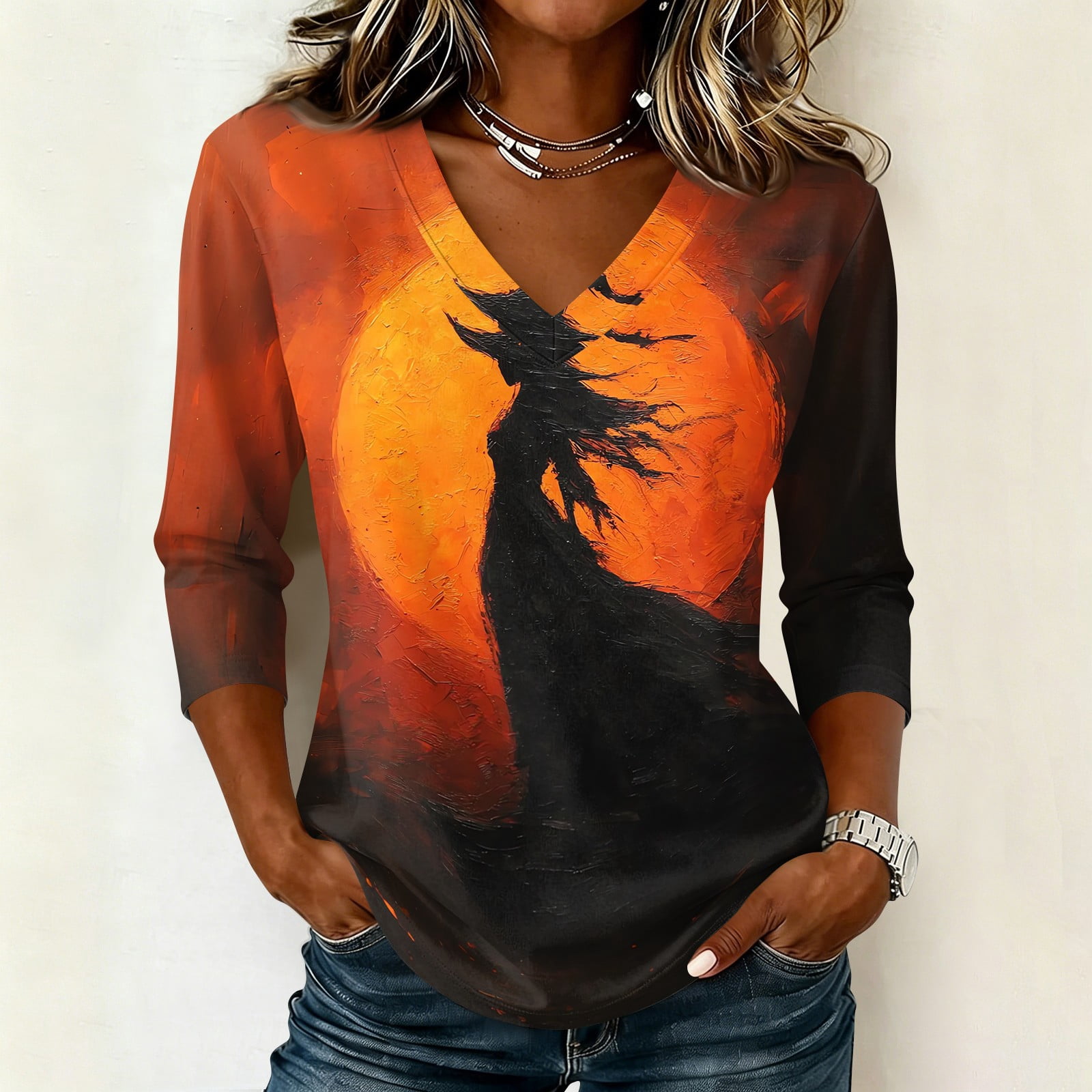 Bexdxz Women's Casual V-Neck Three-Quarter Sleeve T-Shirt with ...