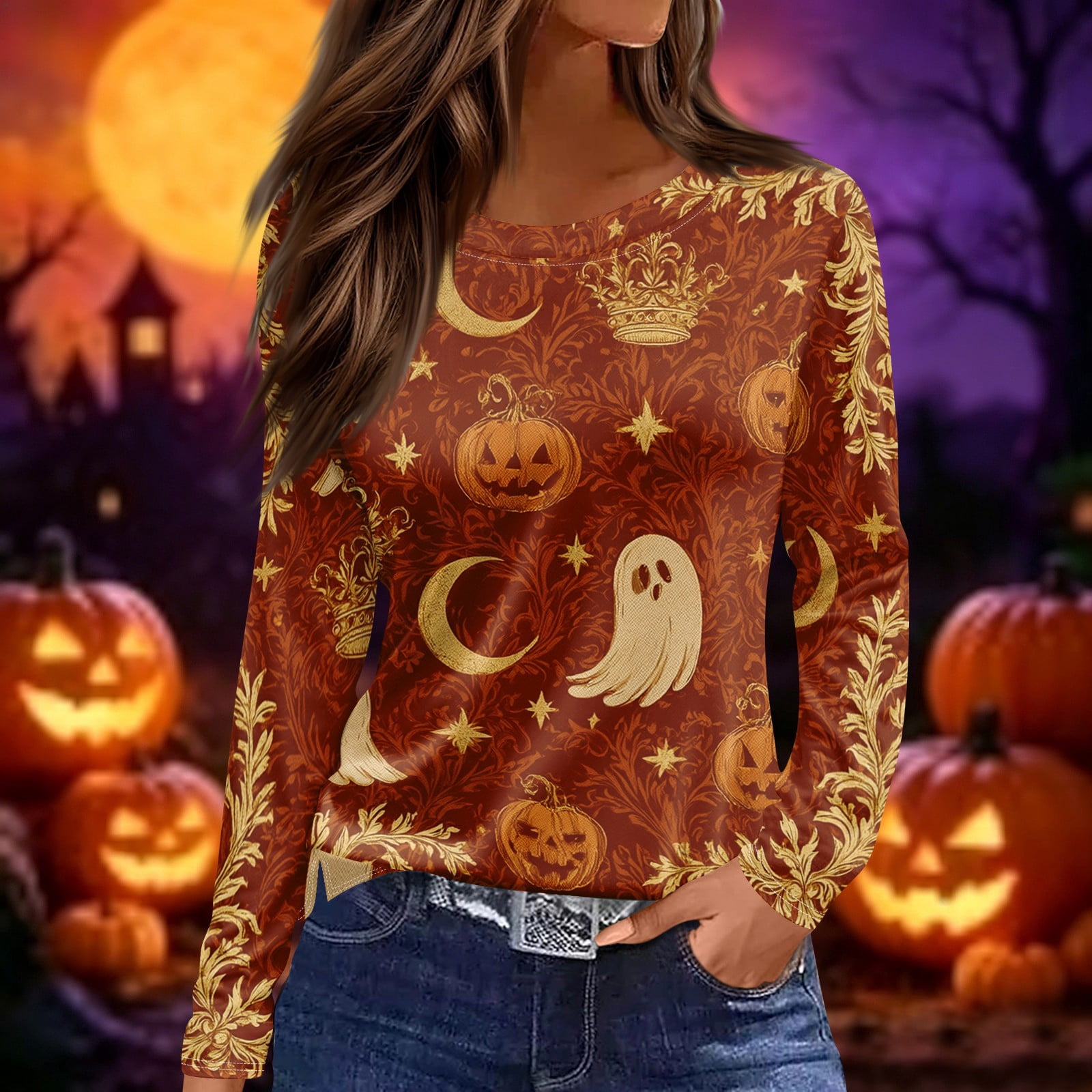 Bexdxz Women's Crew Neck Long Sleeve T-Shirt, Halloween Ghost Pumpkin ...