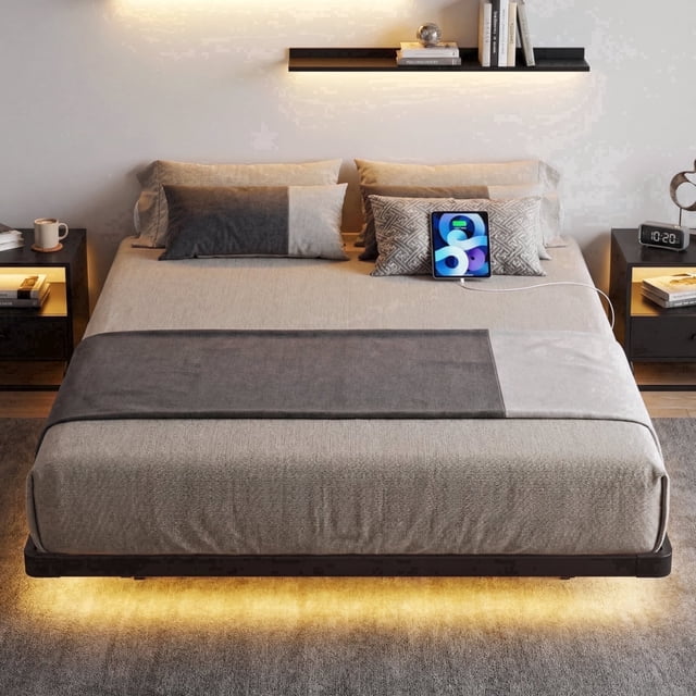 Bexfil Modern Floating Queen Size Bed Frame with LED Lights, Sturdy ...