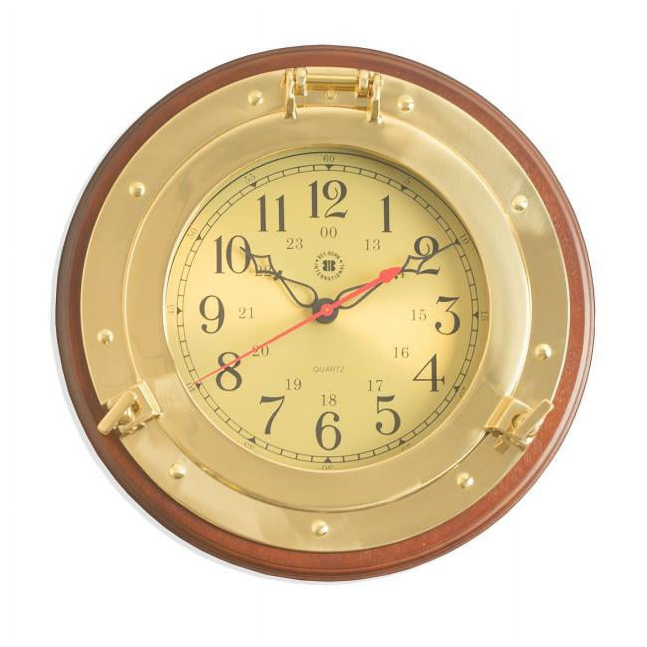 Bey-Berk International Brass Porthole Clock on Solid Wood - Tarnish ...