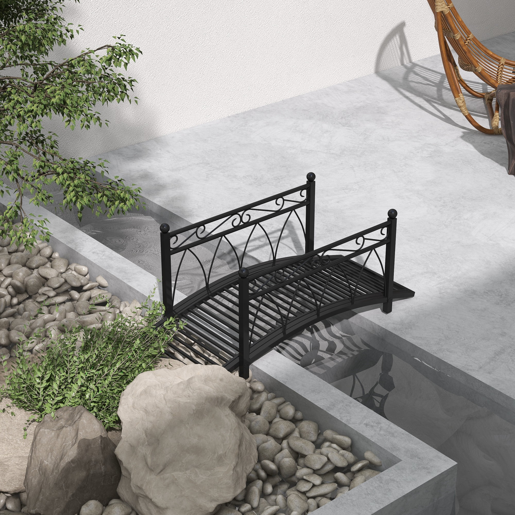 Beyamis 3.3' Metal Zen Garden Pond Bridge - Safety Siderails, Black ...