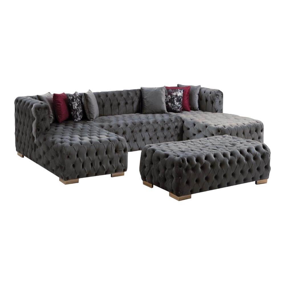 Beyan Signature Valencia 126" 3-Piece Velvet U-Shaped Sectional in Gray ...