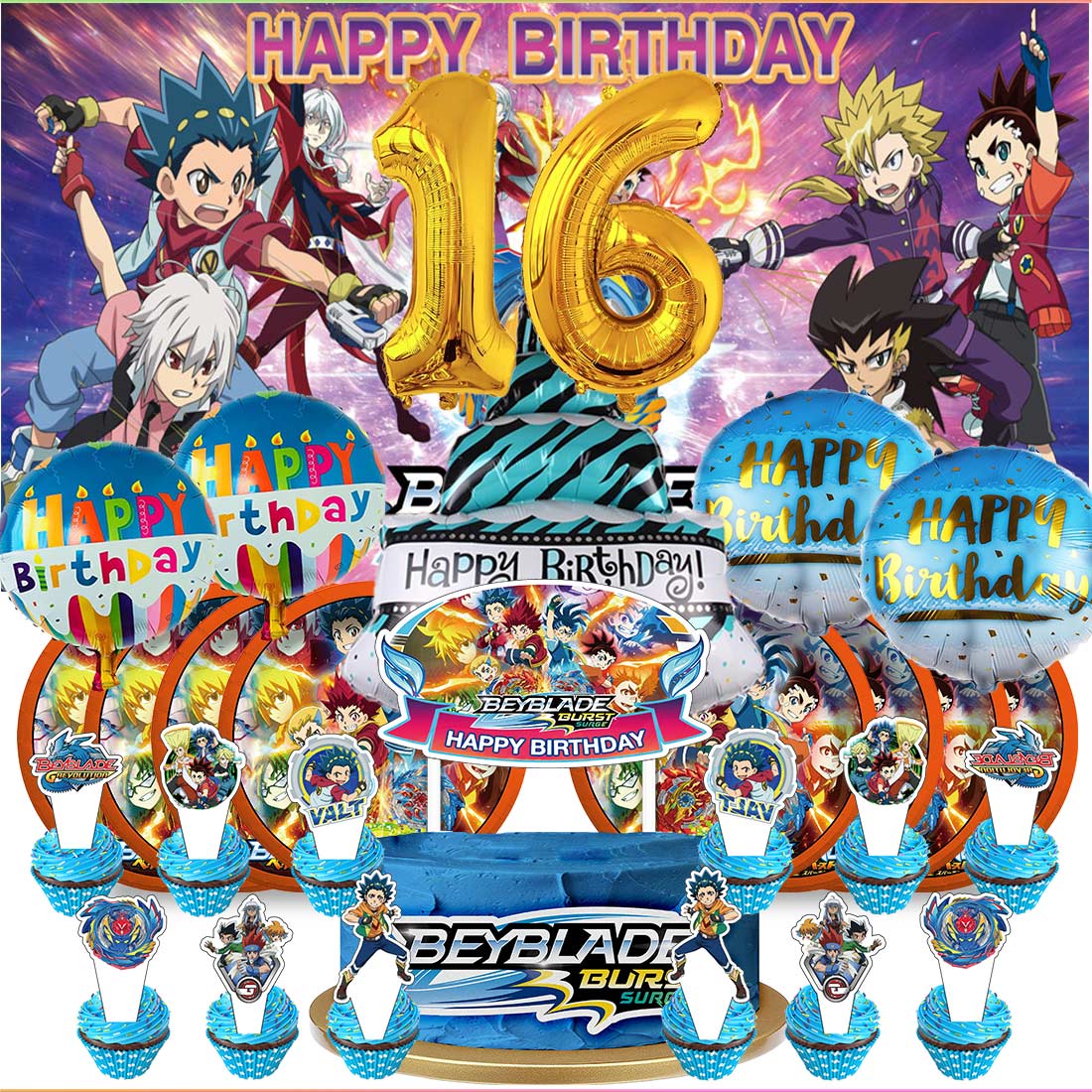 Beyblade 16th Tableware Balloons Cake Toppers Backdrop Banner Supplies ...