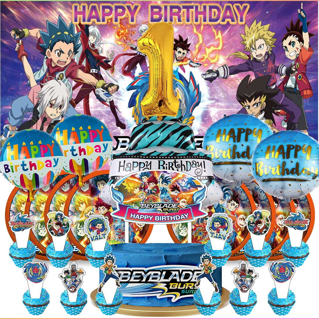 Beyblade 1st Tableware Balloons Cake Toppers Backdrop Banner Supplies ...