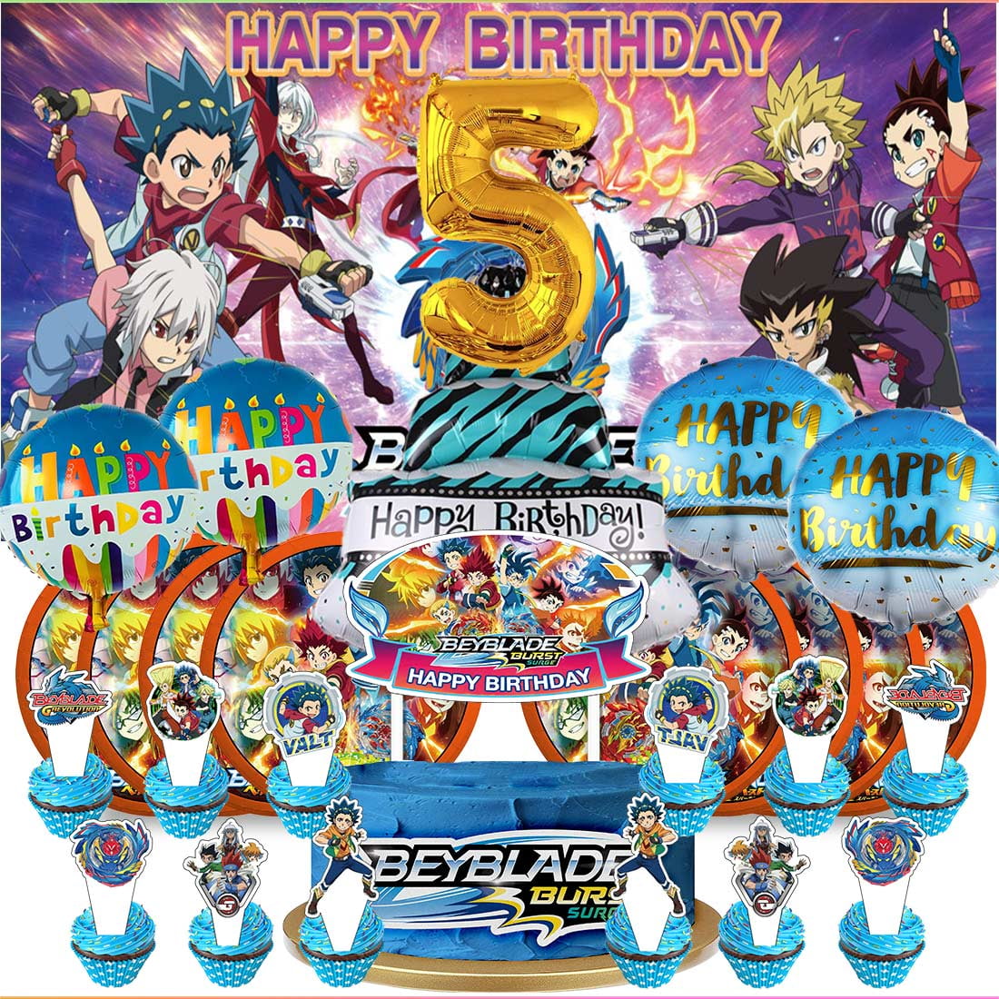 Beyblade 5th Tableware Balloons Cake Toppers Backdrop Banner Supplies ...