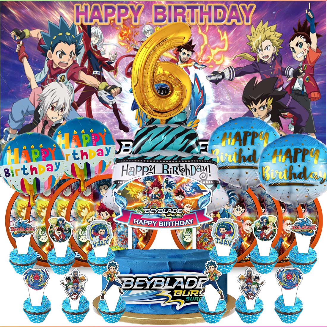 Beyblade 6th Tableware Balloons Cake Toppers Backdrop Banner Supplies ...